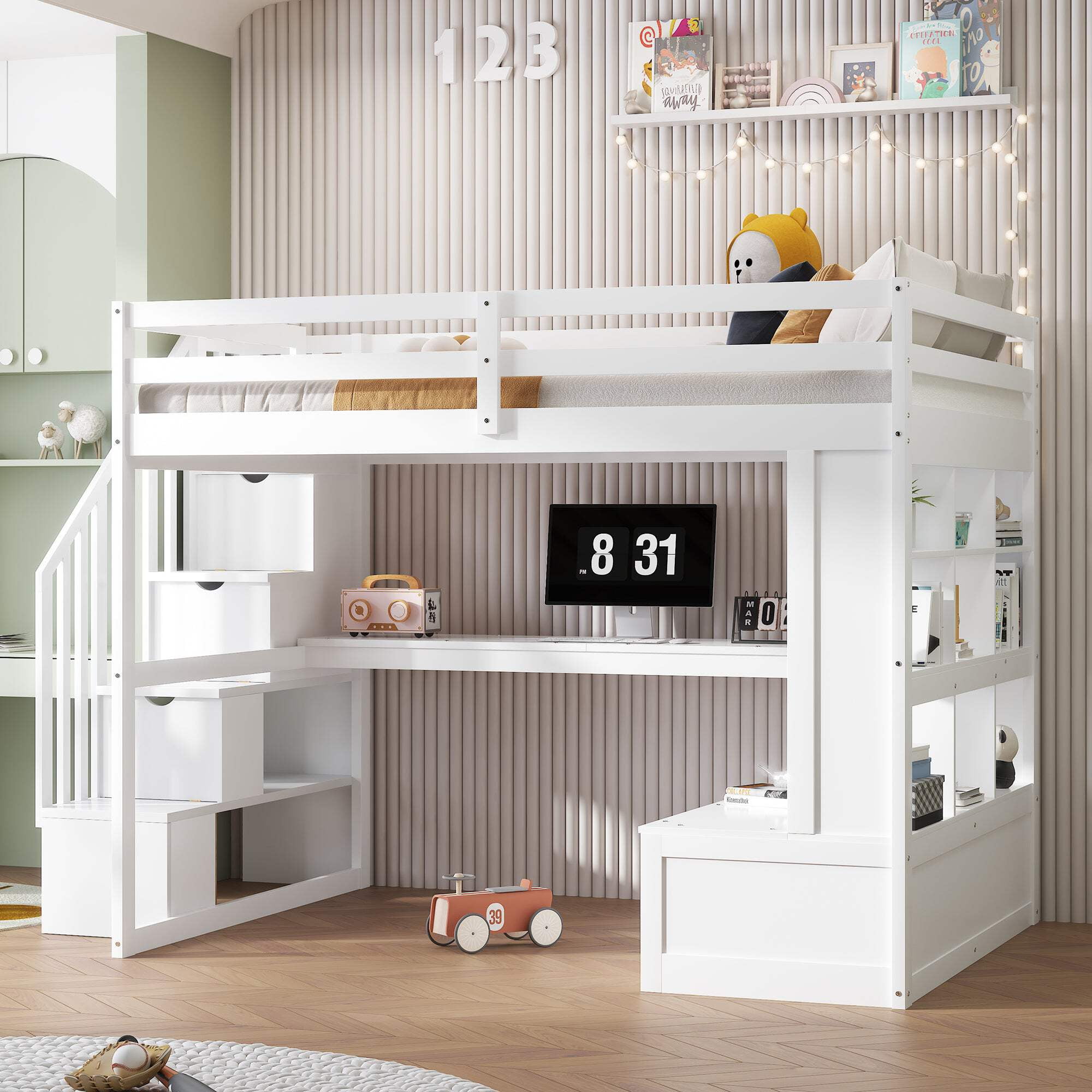 Full Size Loft Bed With Desk And Shelves, Two Built In Drawers, Storage ...