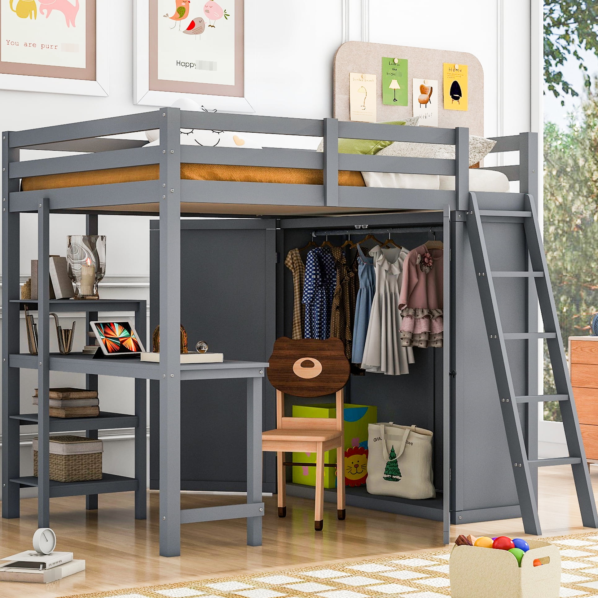 Full Size Loft Bed With Gray Wardrobe, Desk And Shelves - Functional ...