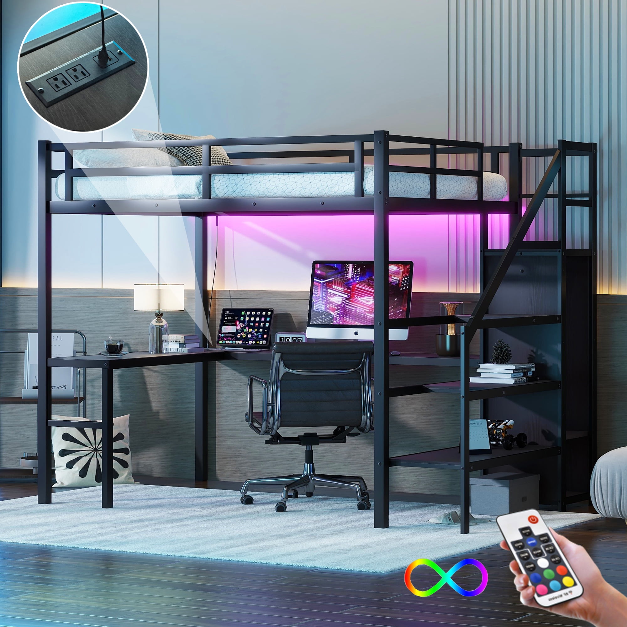 Full Size Loft Bed With L-Shaped Desk And Usb, Metal Loft Bed With ...