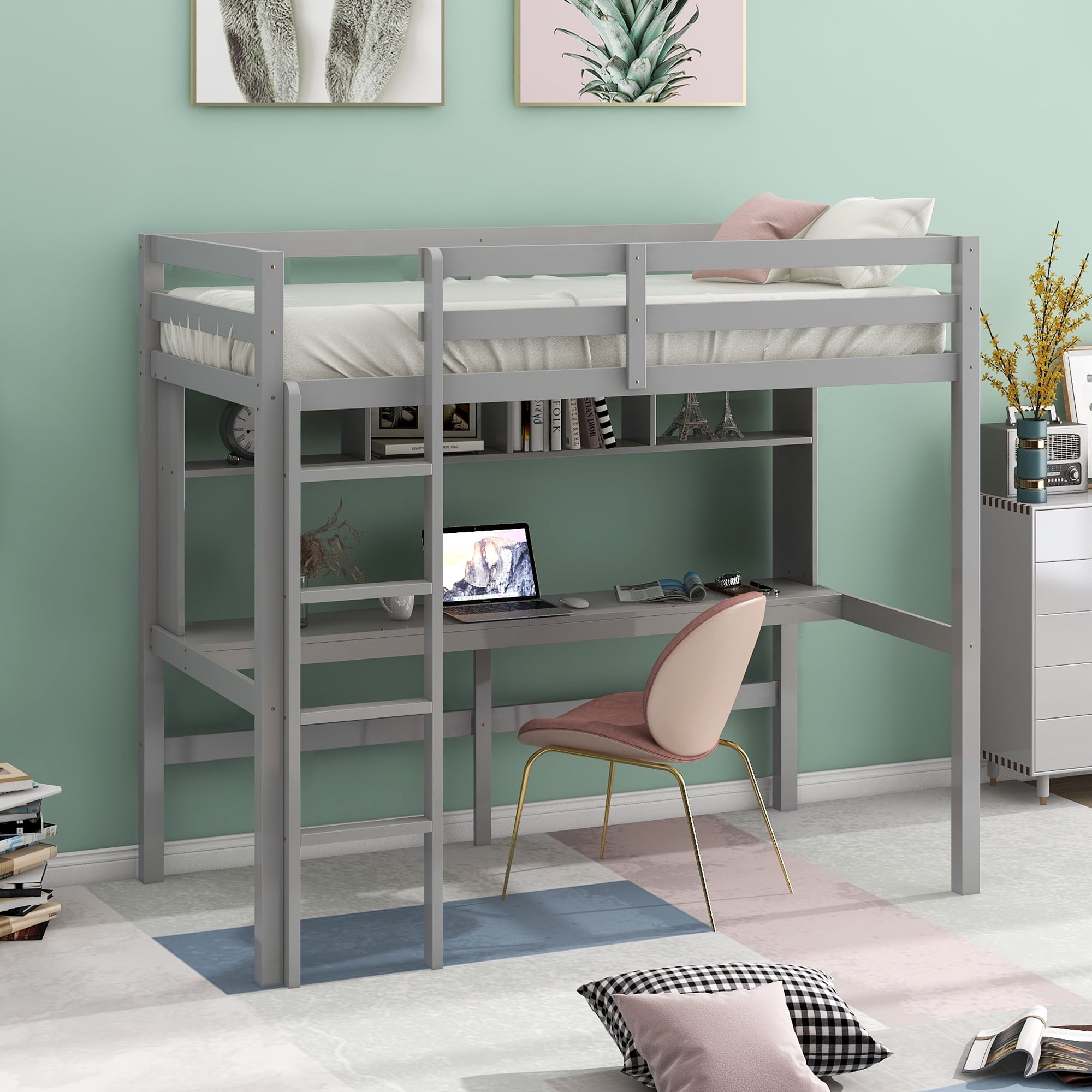 Full Size Loft Bed With Shelves, Storage Wardrobe, Desks And Ladders Wooden Multifunctional Loft ...