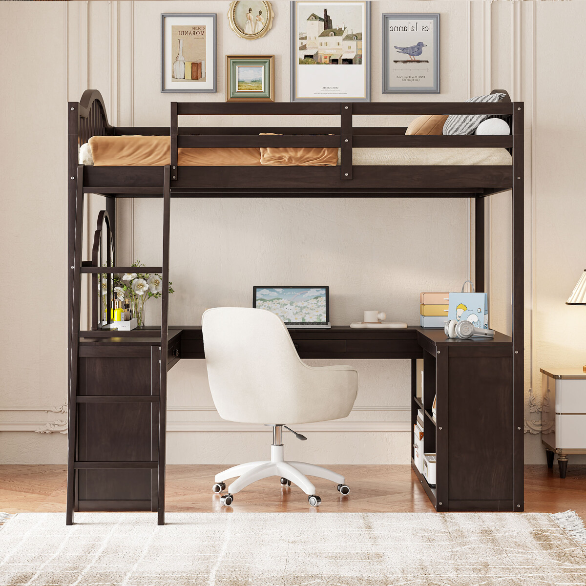Full Size Loft Bed, Wooden Loft Bed Frame with U-shaped Desk,Storage Compartments and Tri-fold ...