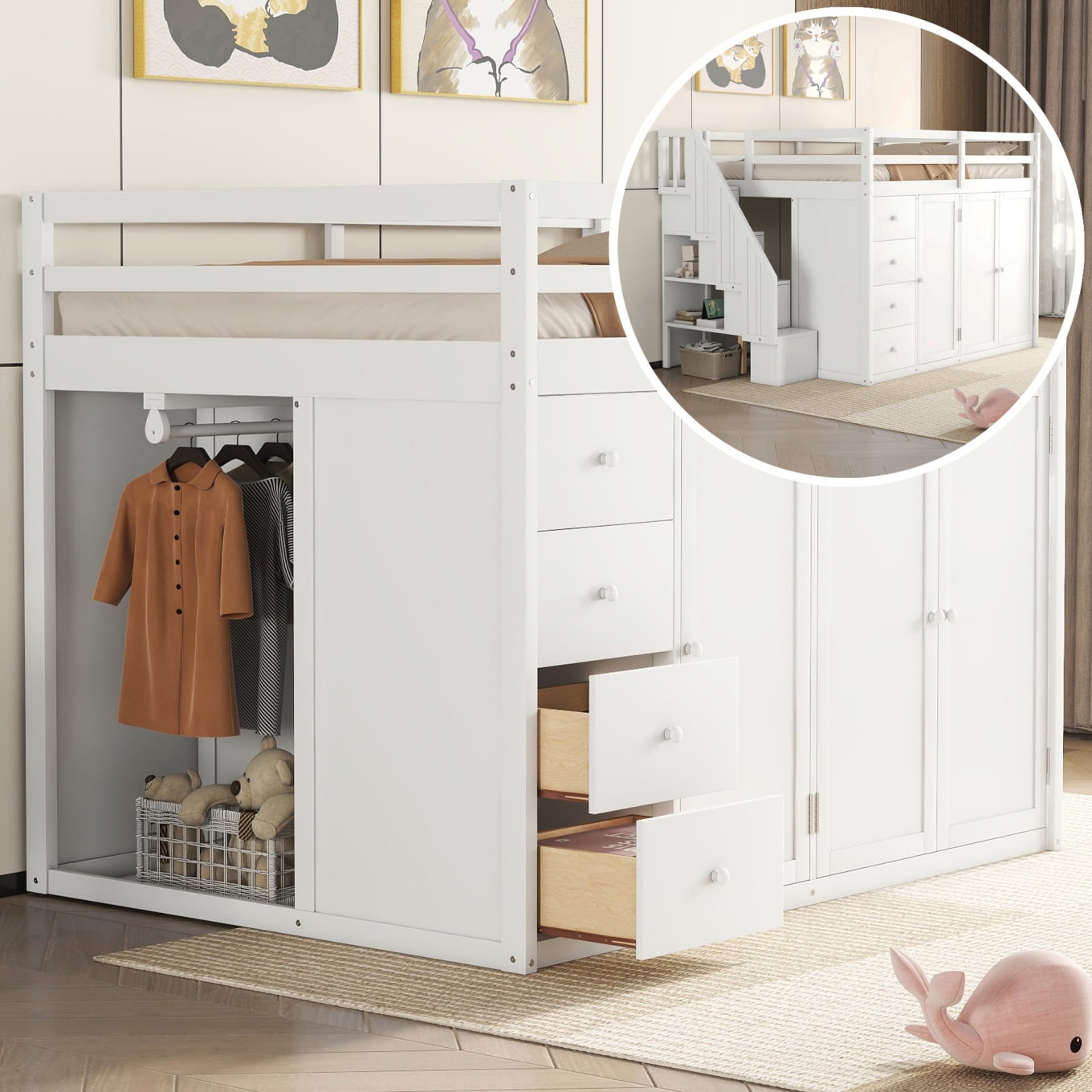 Full Size Loft Bed, Wooden Loft Bed Frame With Built-in Wardrobes, Cabinets and Drawers, Modern ...