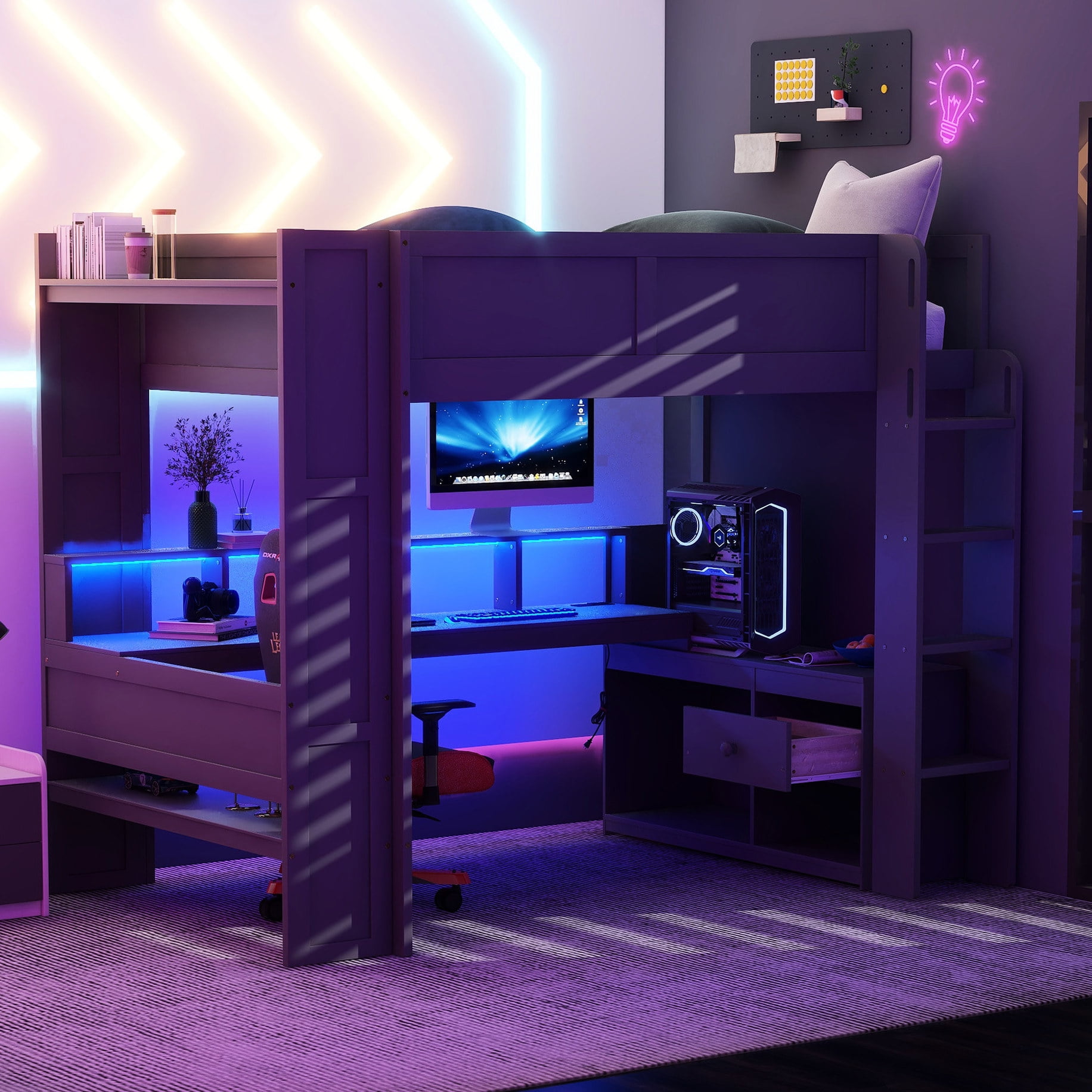 Full Size Loft Bed for Gaming | LED Light with 4 Colors | Built-in Desk ...