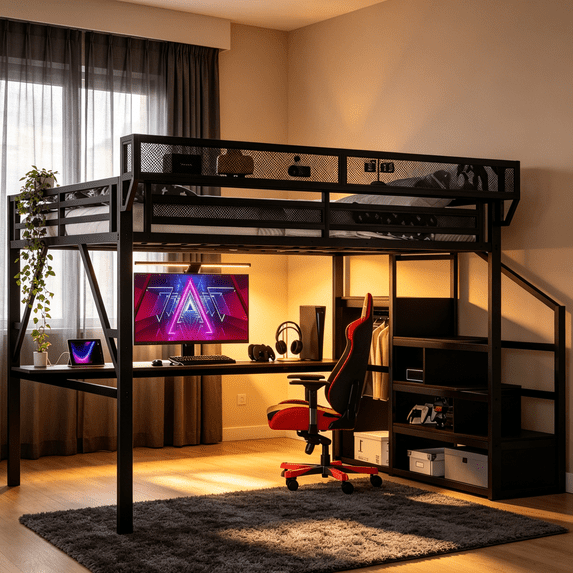Full Size Loft Bed with Built-In Desk, Staircase Storage, and LED ...