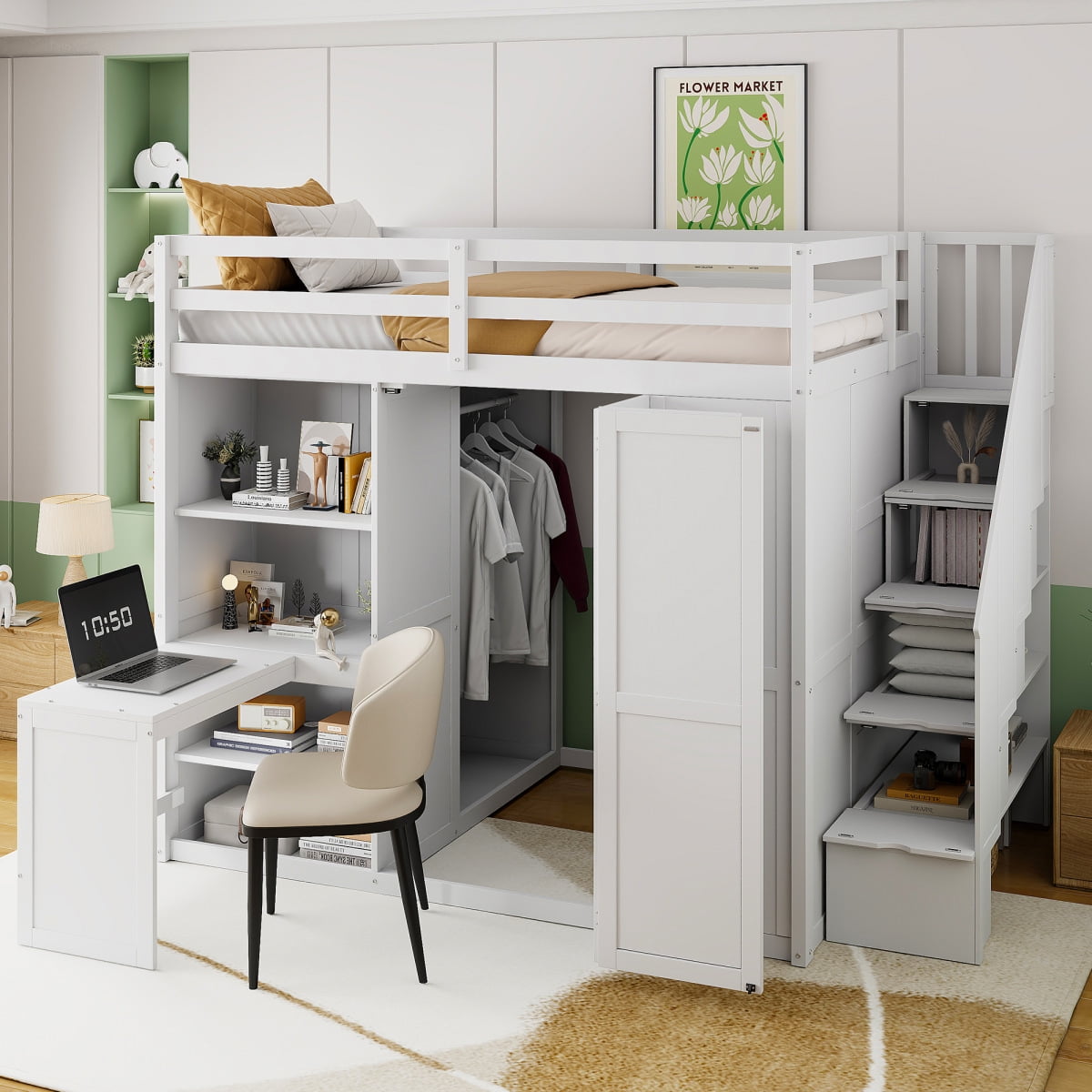 Full Size Loft Bed with Built-In Wardrobe and Desk, Storage Staircase ...
