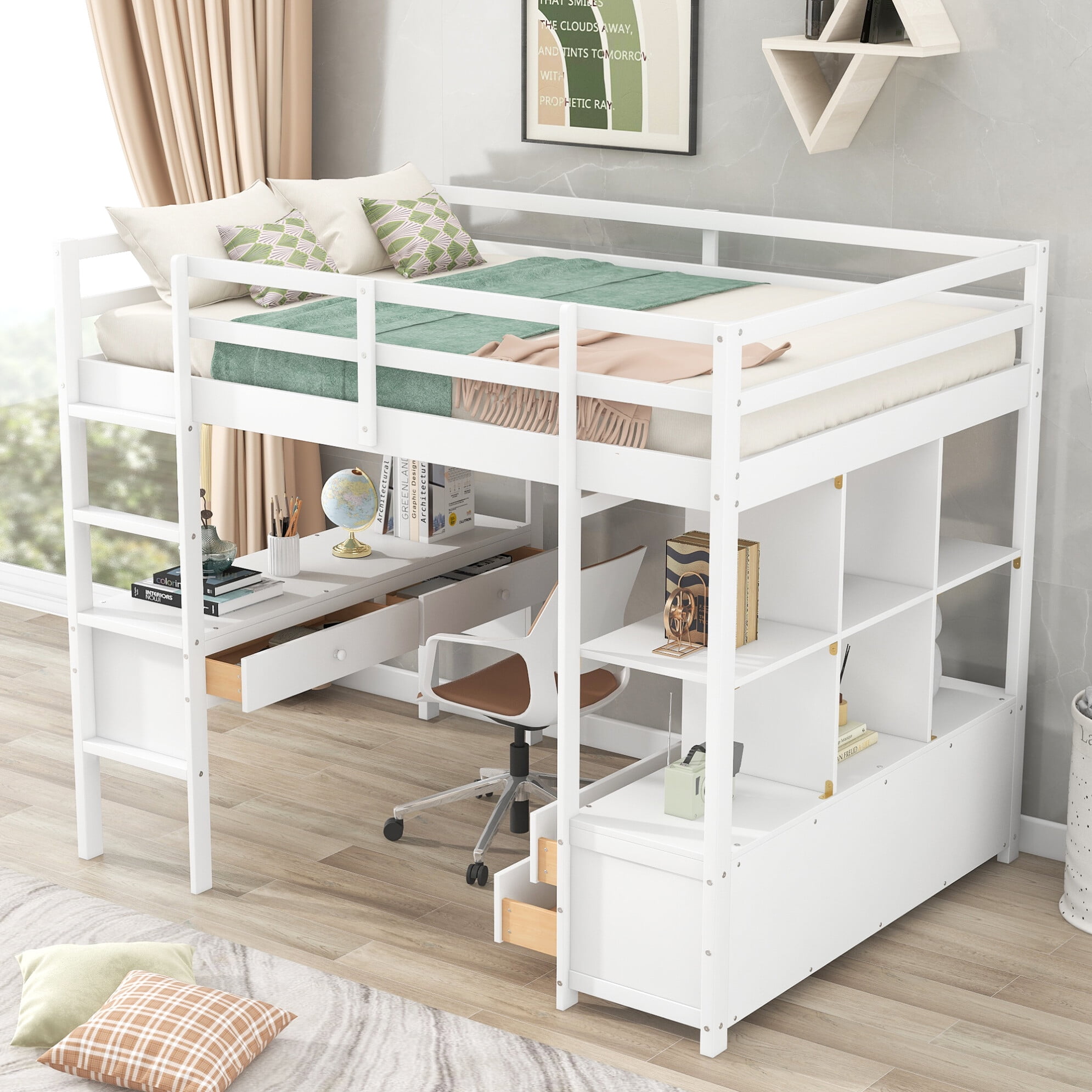 Full Size Loft Bed with Built-in Desk,Wood Loft Bed Frame with 2 ...