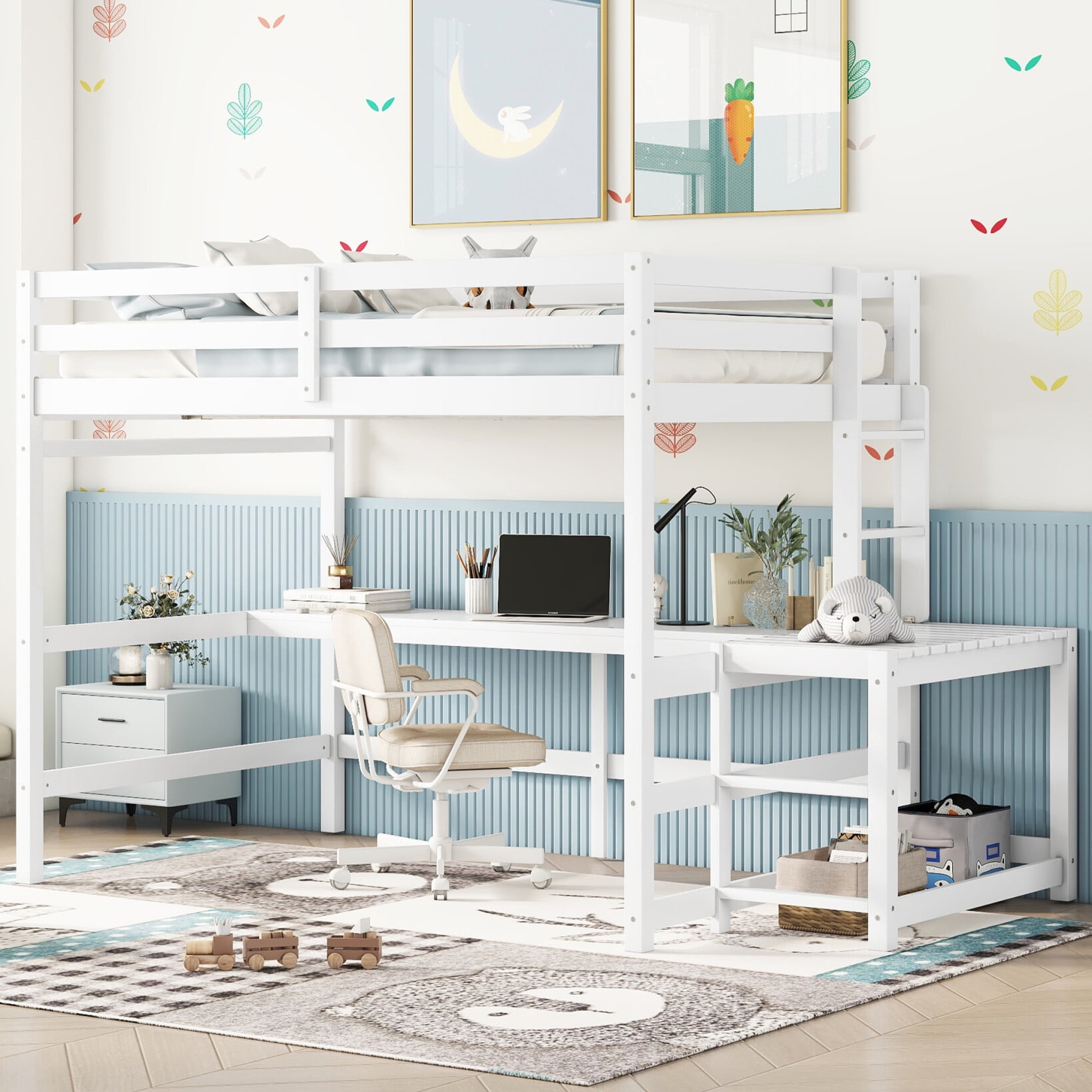 Full Size Loft Bed with Built-in Desk, Wooden Loft Bed Frame with Platform, Space Saving Full ...