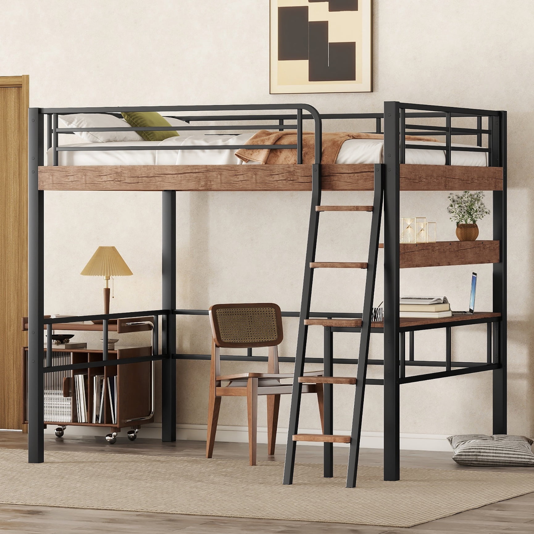 Full Size Loft Bed with Built-in Desk and Storage Shelf,Metal Loft Bed ...