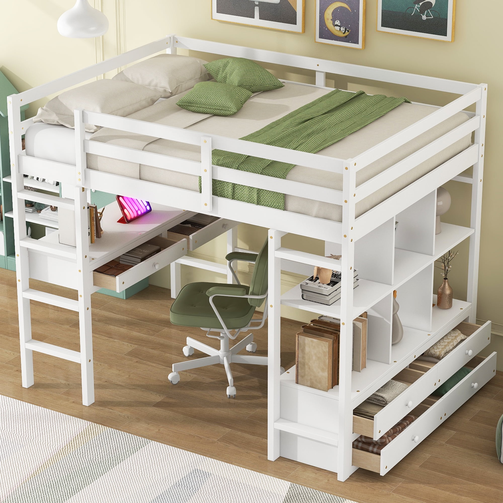 Full Size Loft Bed with Built-in Desk with Two Drawers, and Storage ...