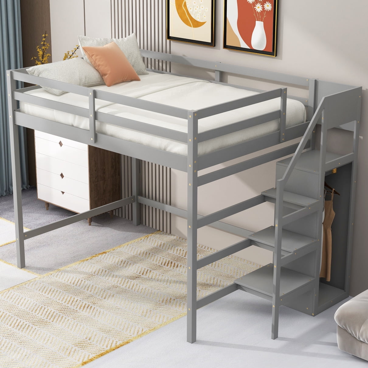 Full Size Loft Bed with Built-in Stair and Wardrobe, Wood Loft Bed ...