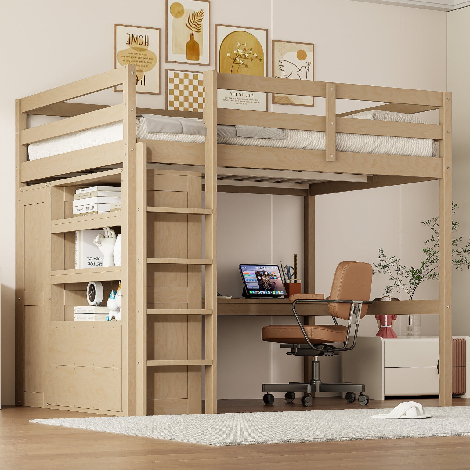 Full Size Loft Bed with Built-in Wardrobe and Desk, Wooden Loft Bed Frame with Drawers and ...