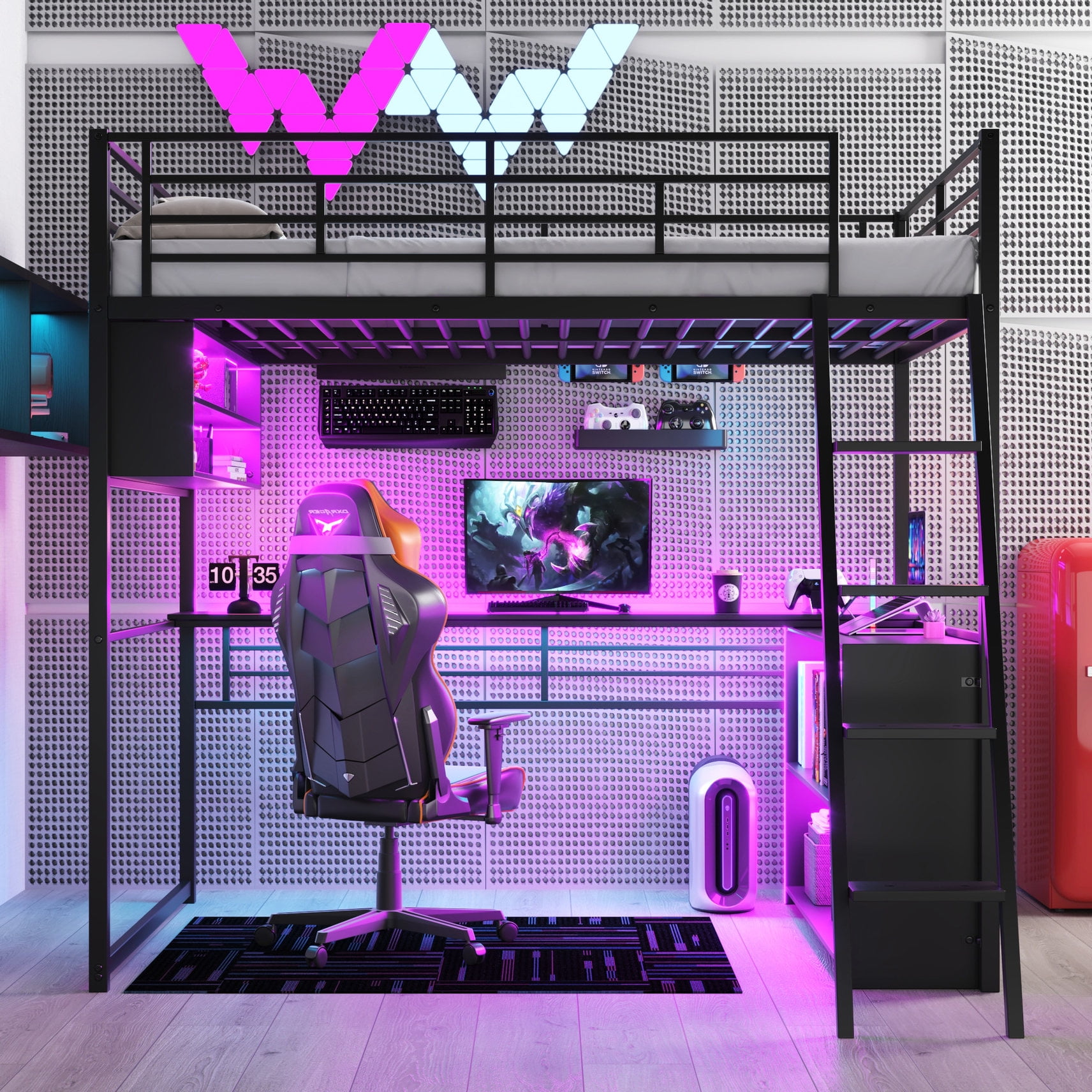 Full Size Loft Bed with Desk, 4 Shelves and Color-changing LED / Save ...