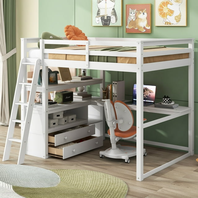 Full Size Loft Bed with Desk, Kids Loft Bed with Shelves and Dresser ...