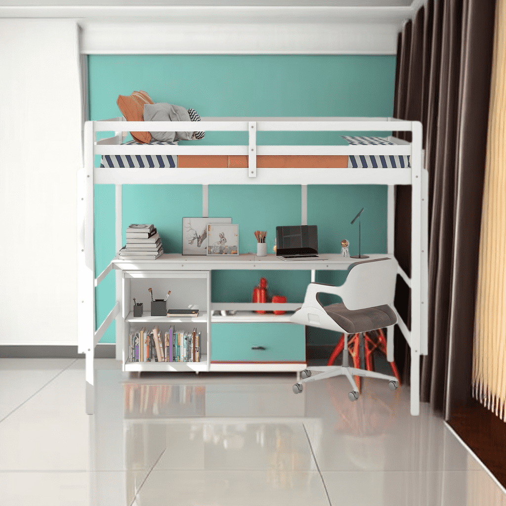 Full Size Loft Bed with Desk, Wooden Full Loft Bed Frame with Writing ...