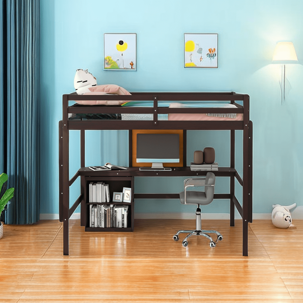 Full Size Loft Bed with Desk, Wooden Full Loft Bed Frame with Writing ...