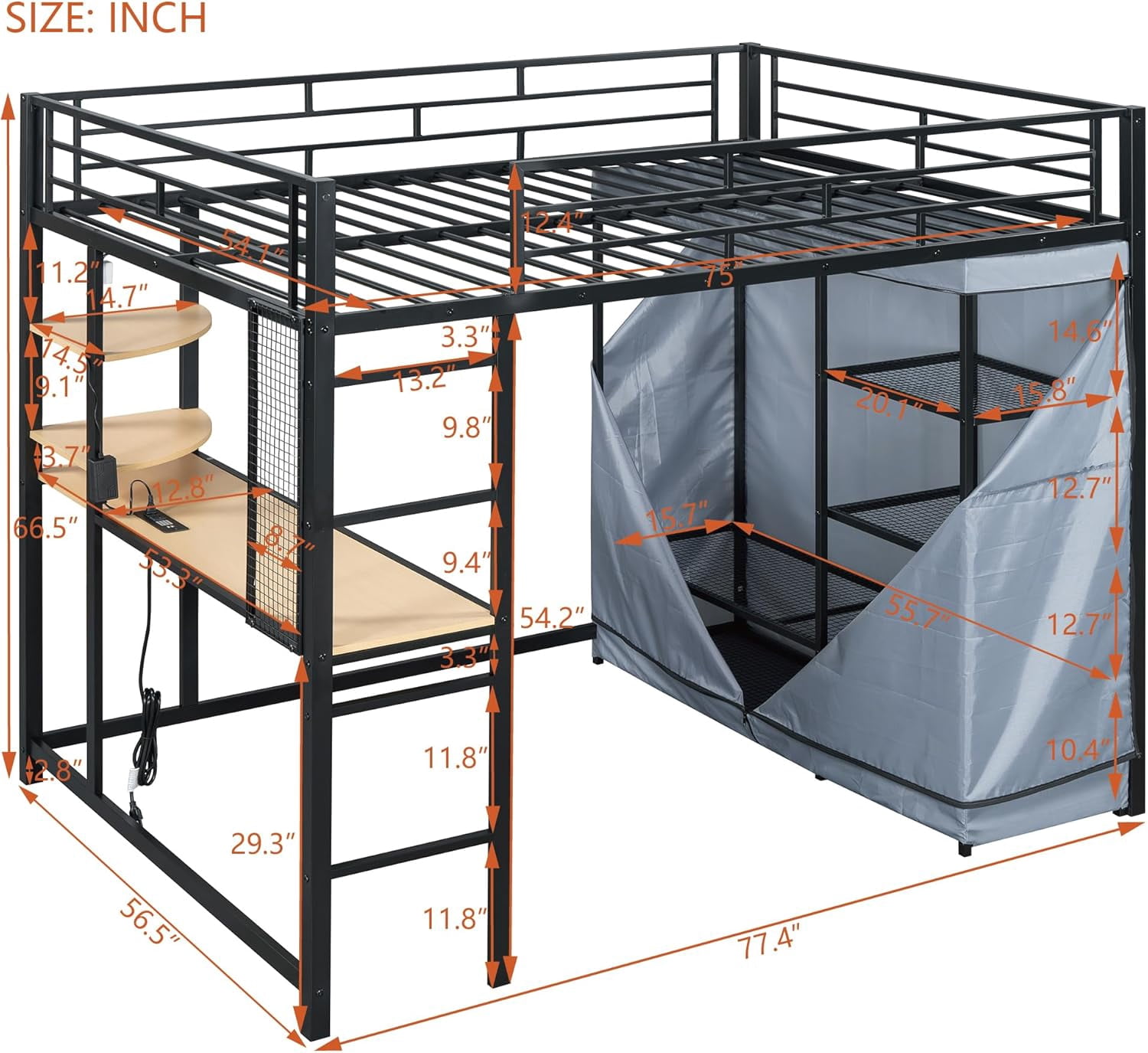 Full Size Loft Bed with Desk and Wardrobe - Metal Frame with Storage ...
