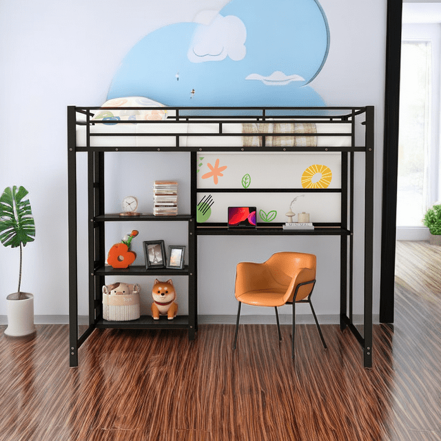 Full Size Loft Bed with Desk and Whiteboard,Mental Loft Bed with 3 ...