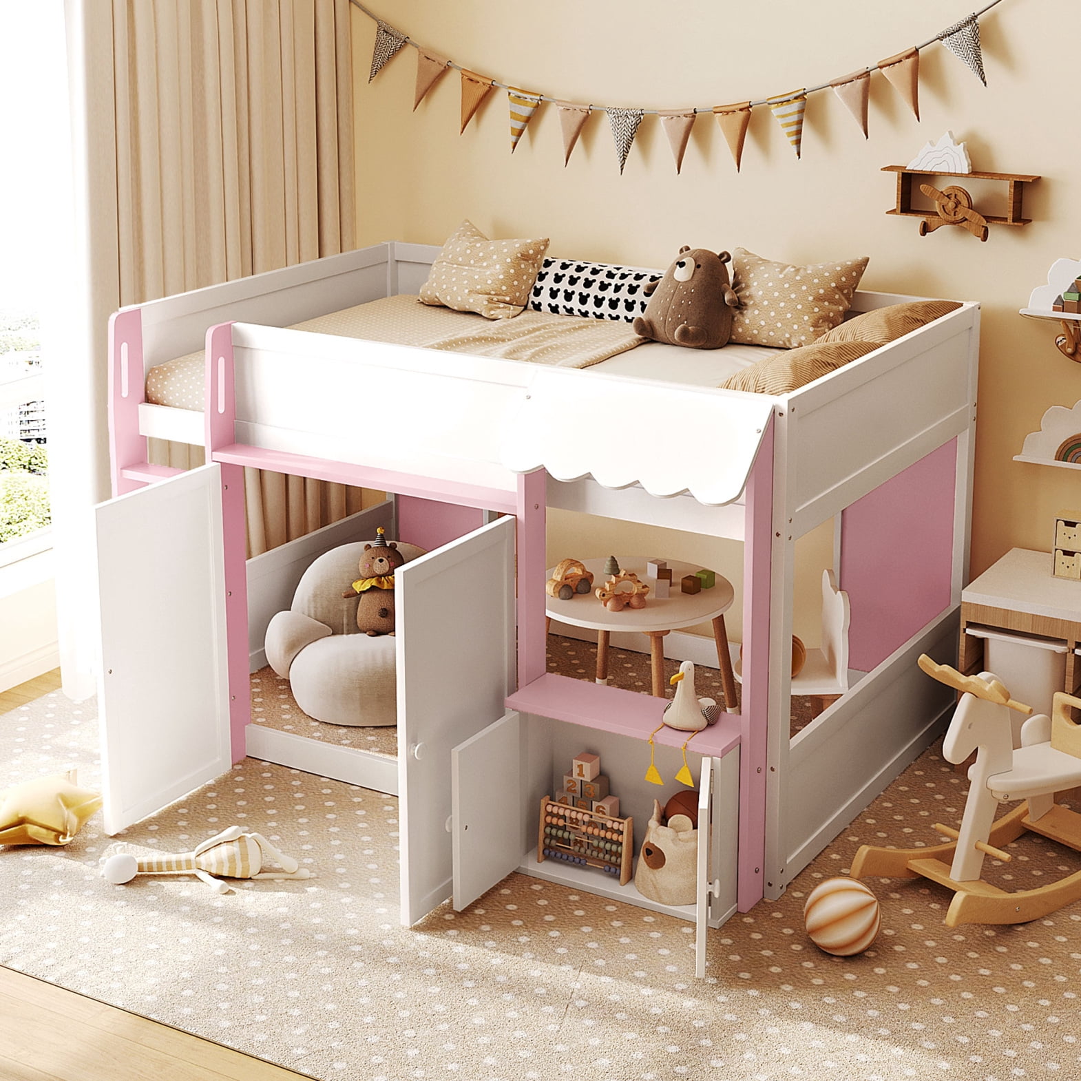 Full Size Loft Bed with Openable Windows, Wood Playhouse Bed Frame with ...