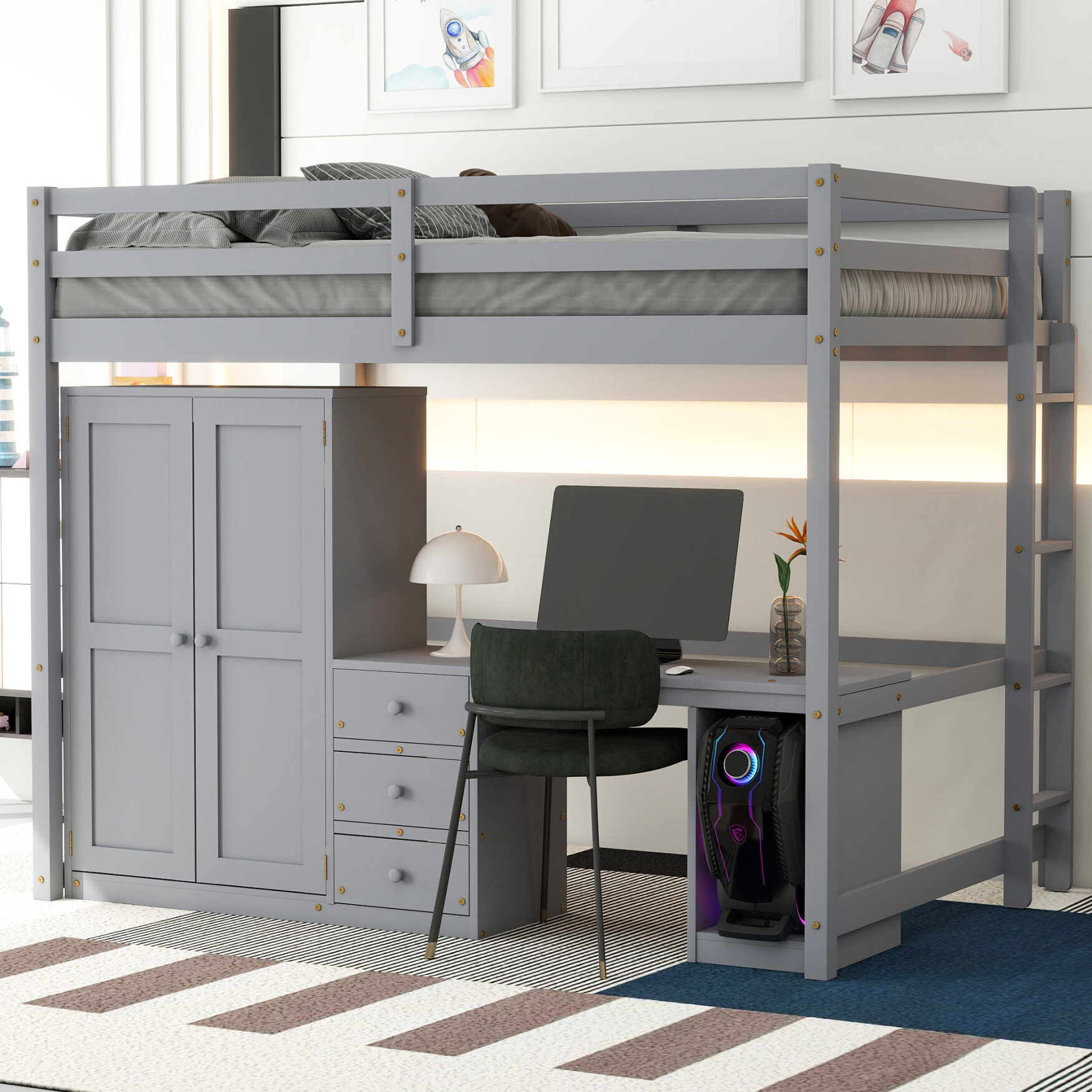 Full Size Loft Bed with Wardrobe, Desk and Storage Drawers,Bed Frame ...
