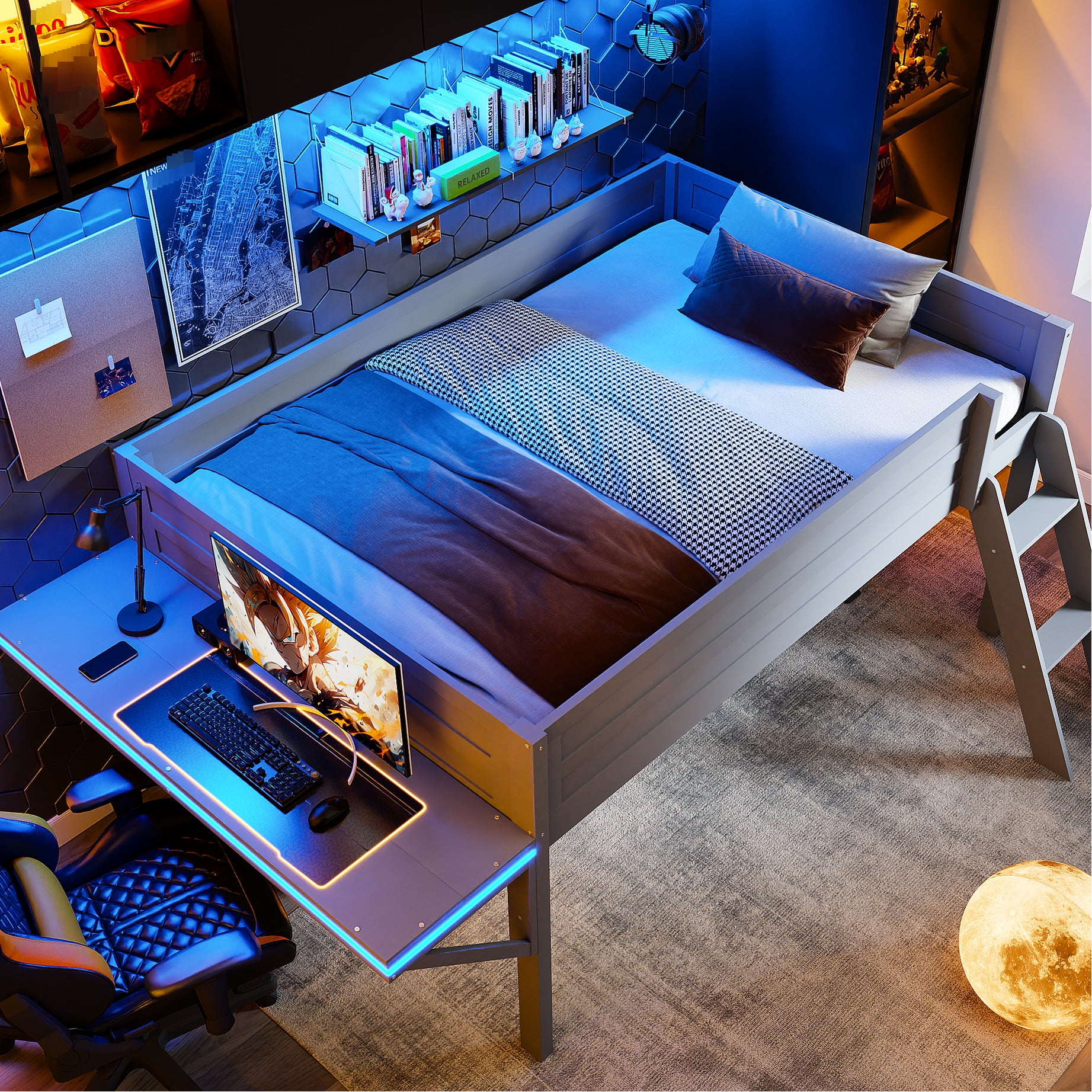 Full Size Loft Gaming Bed With Desk And Led - Grey For A Practical ...