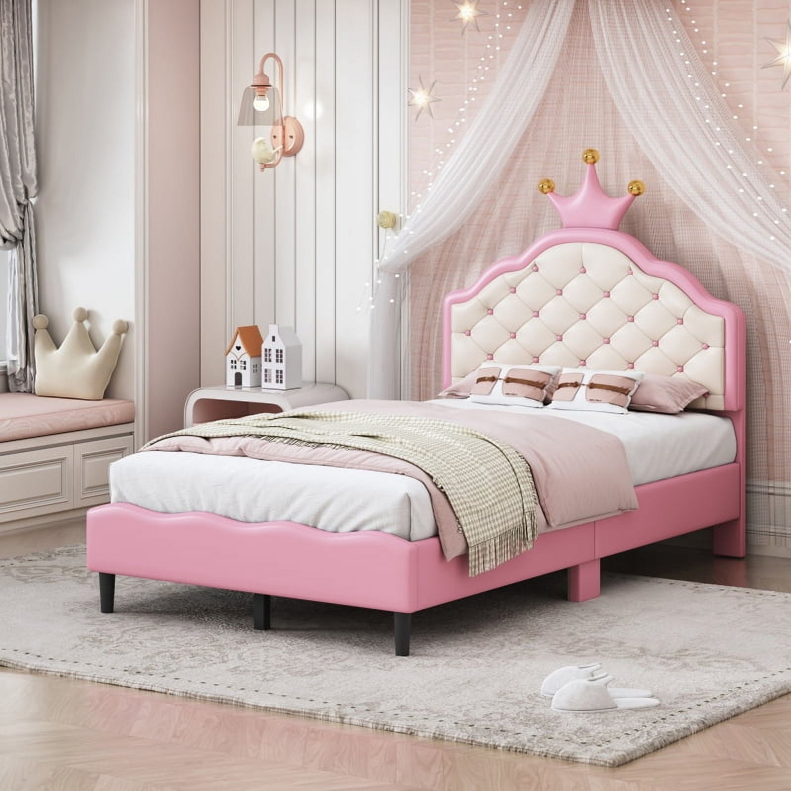 Full Size Lovely Crown Fantasy PU Leather Princess Bed with Tufted ...