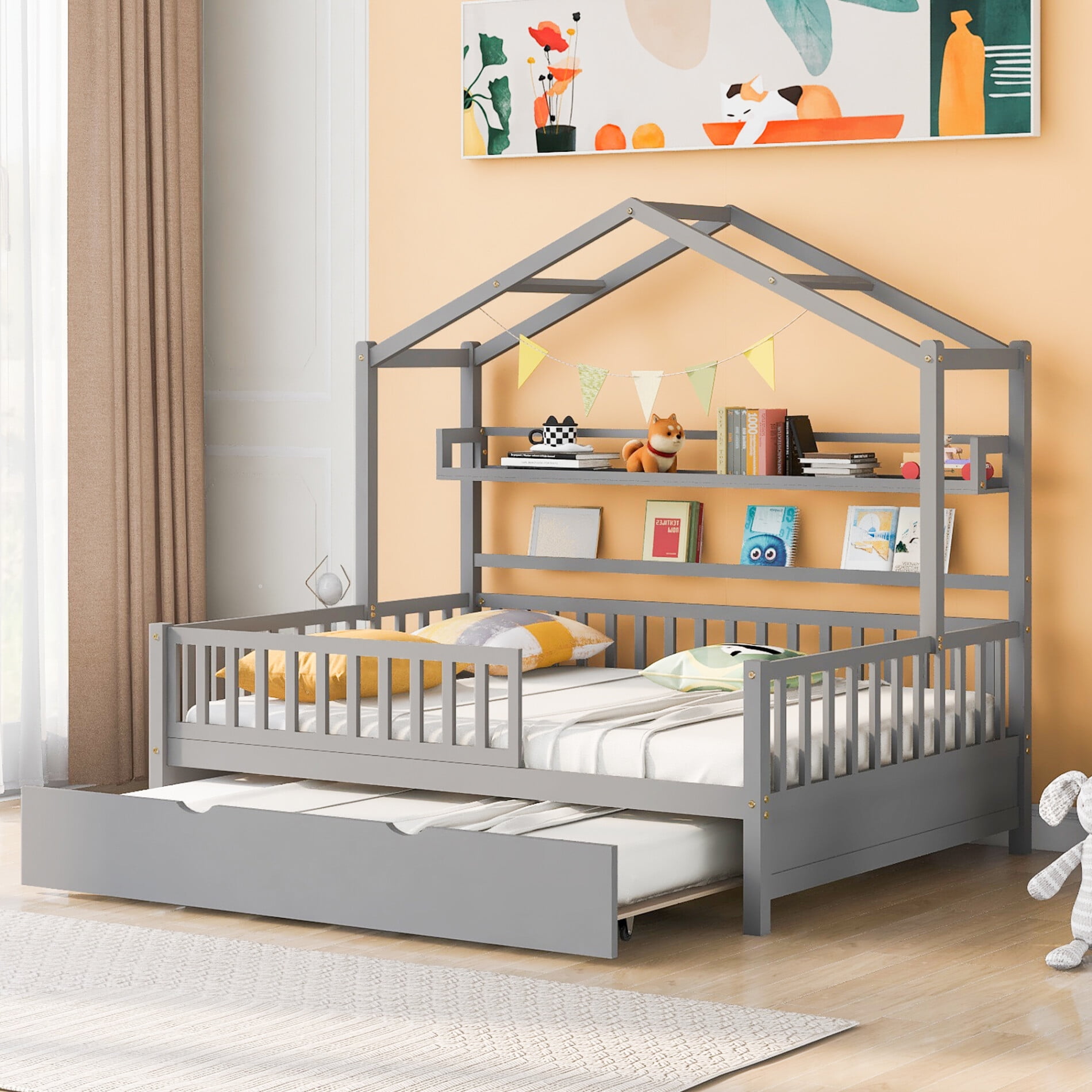 Full Size Low Floor Bed, Modern Wood House Bed Frame with Trundle ...