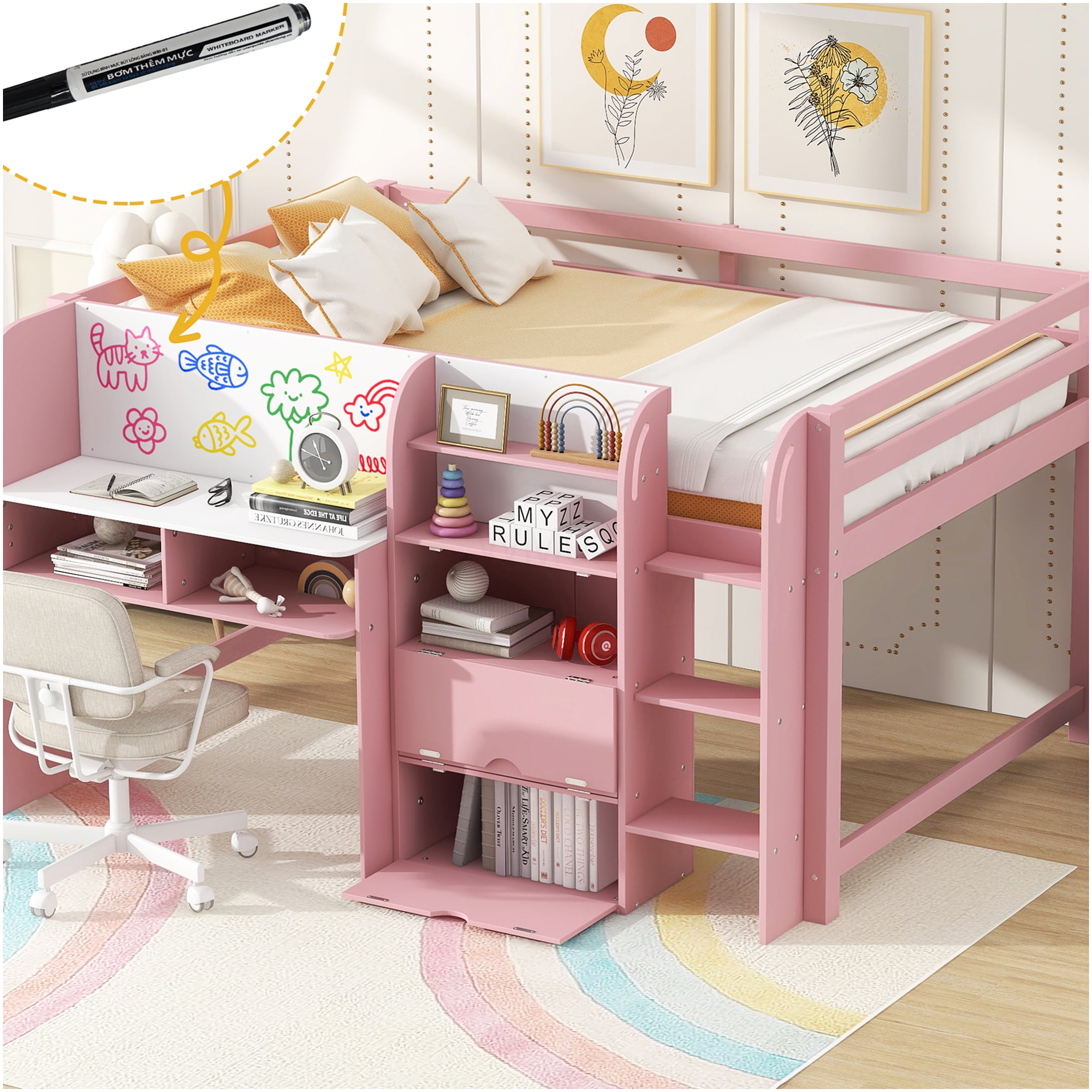 Full Size Low Loft Bed with Desk & Bookshelf, Study Station with Storage Cabinets, Whiteboard ...