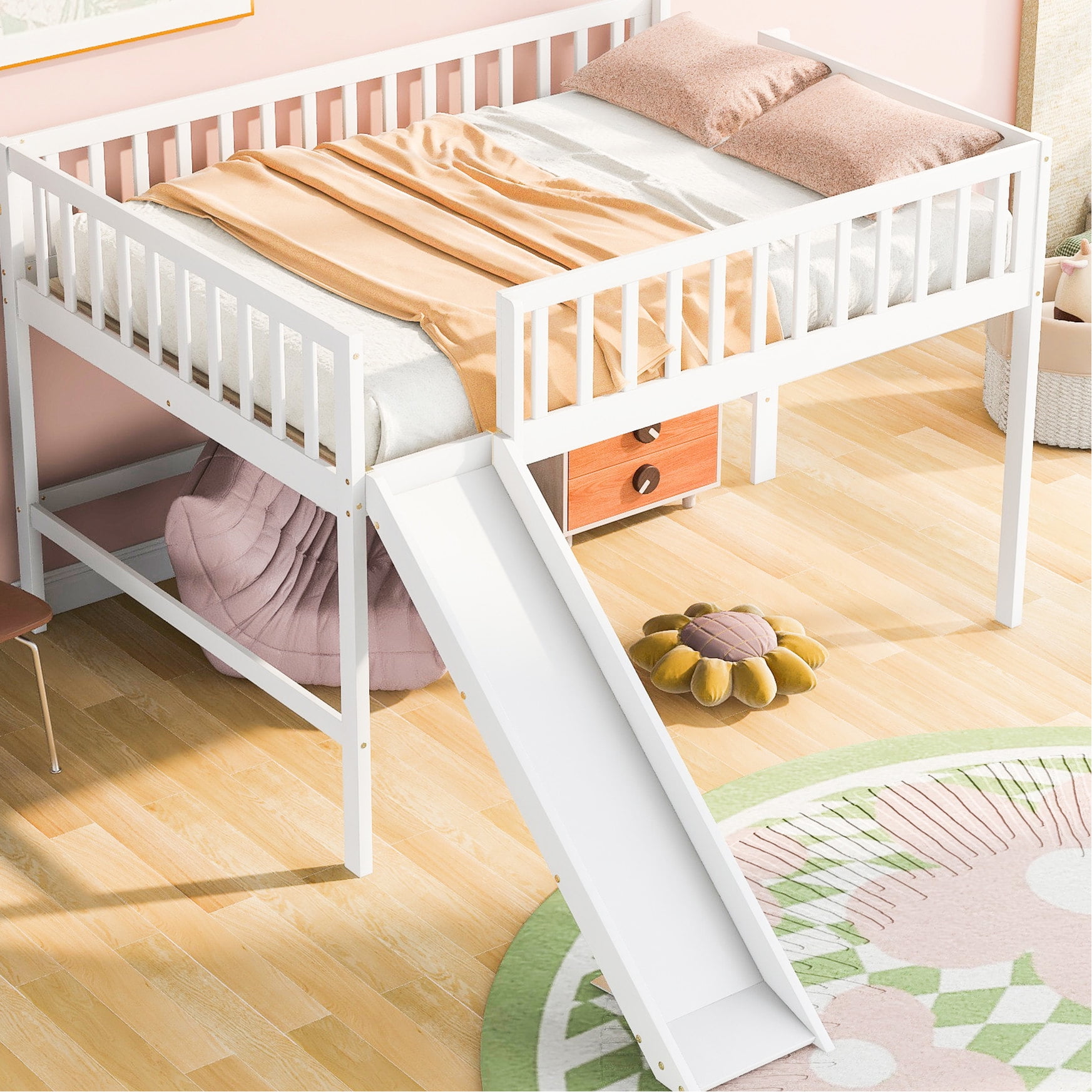 Full Size Low Loft Bed with Removable Slide and Vertical Ladder ...