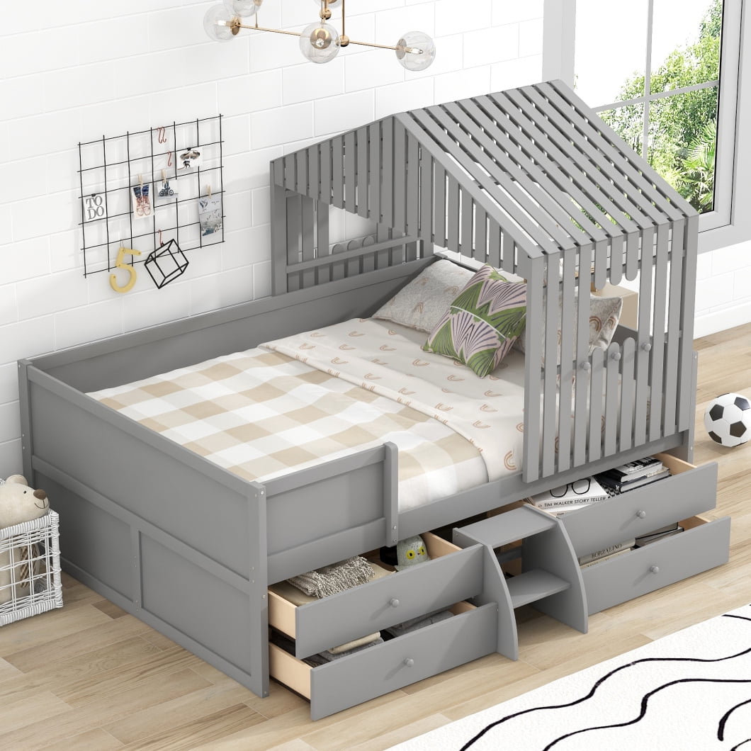 Full Size Low Platform Bed with 4 Drawers, Solid Pine Wood House-Shape ...