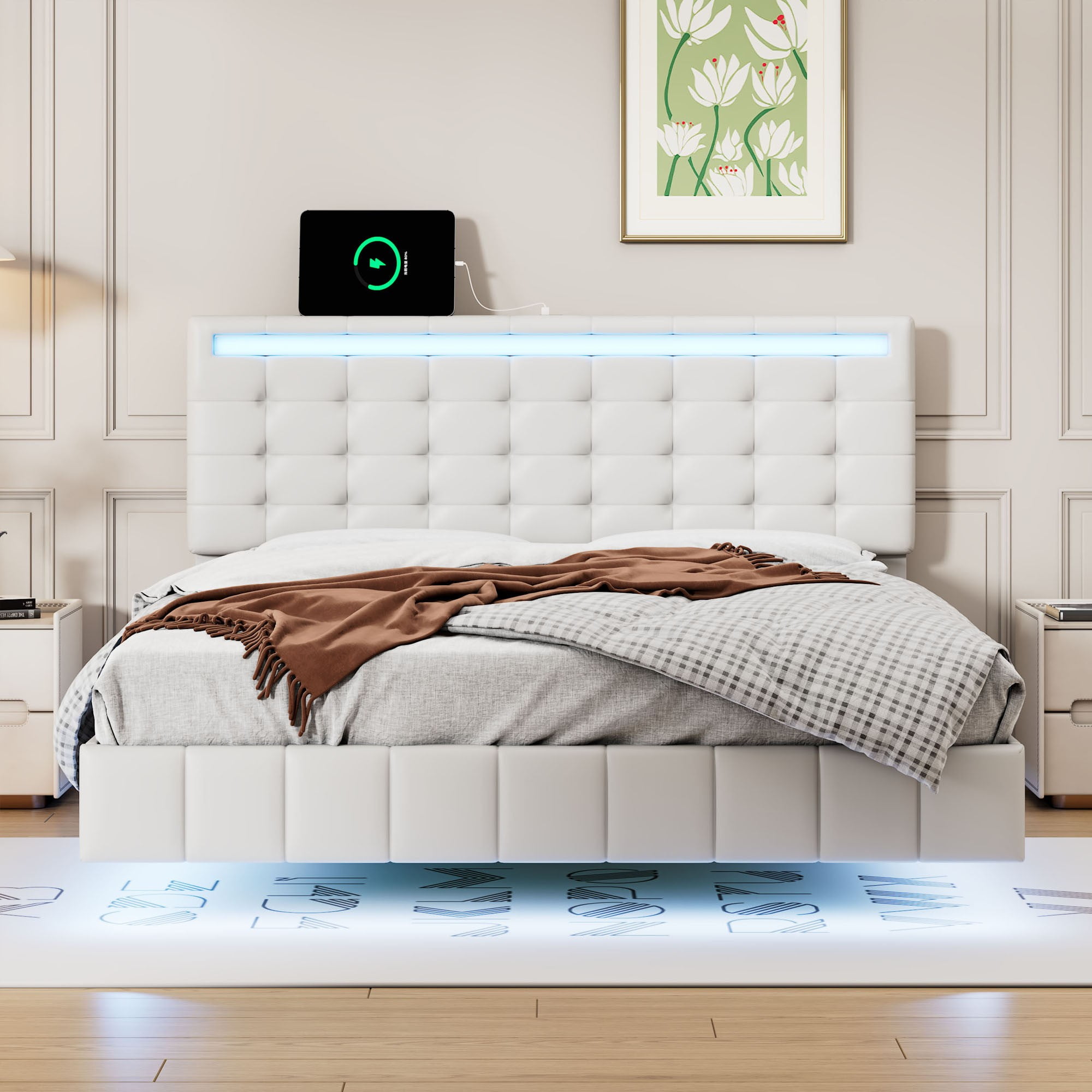 Full Size Maximized Space Floating Bed Frame with LED Lights and USB ...