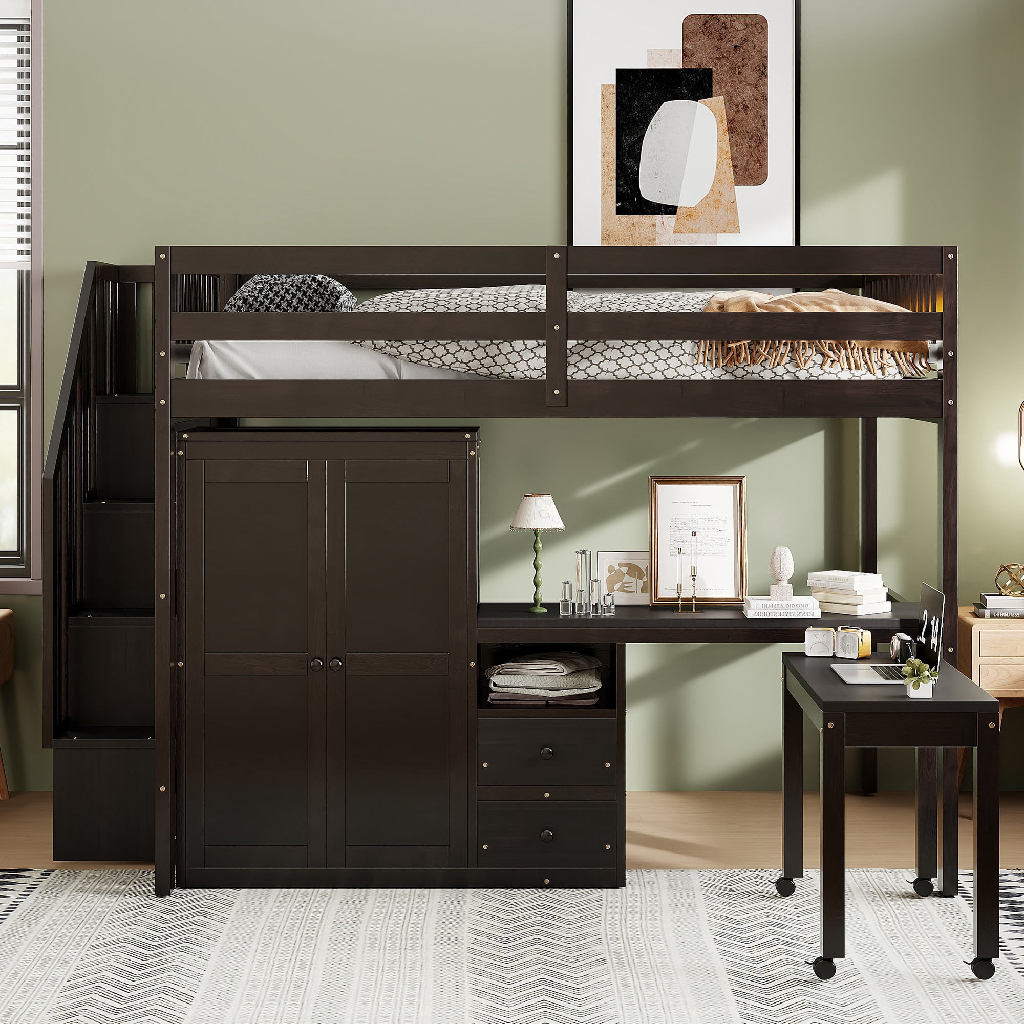 Full Size Maximized Space Loft Bed with Stairs, Bookshelf, Drawers ...