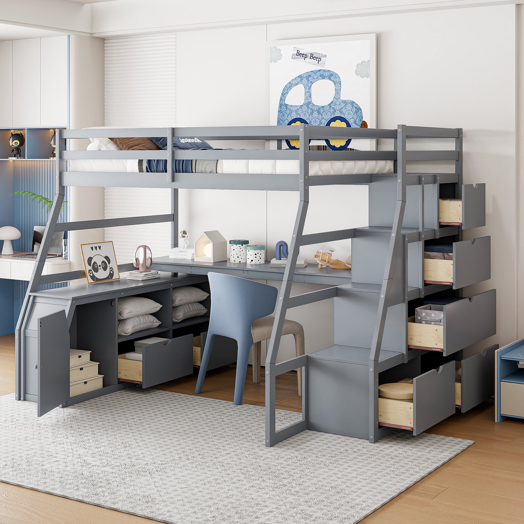Full Size Maximized Space Loft Bed with 7 Drawers 2 Shelves and Desk ...