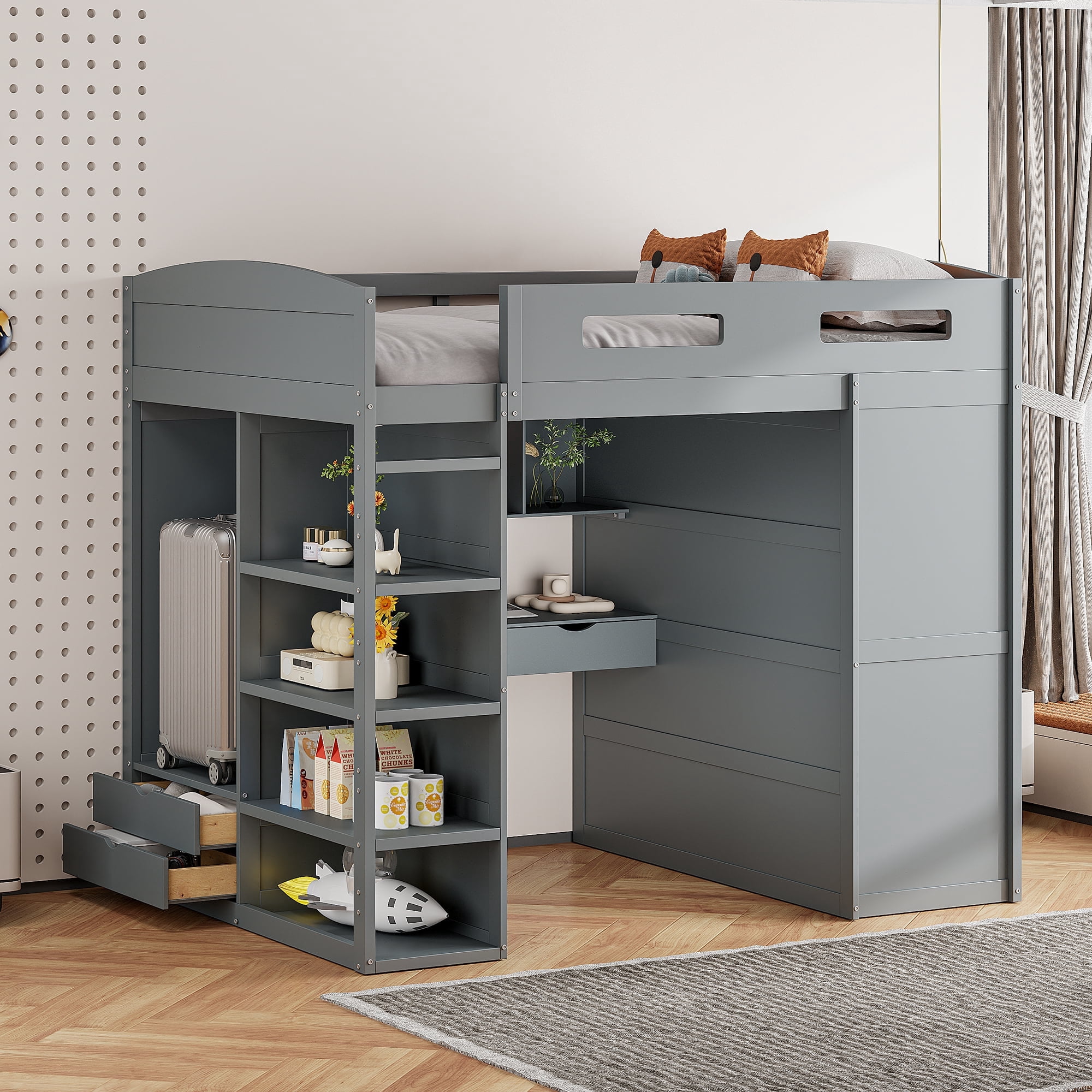 Full Size Maximized Space Loft Bed with Desk, Wardrobes, 4 Drawers and ...