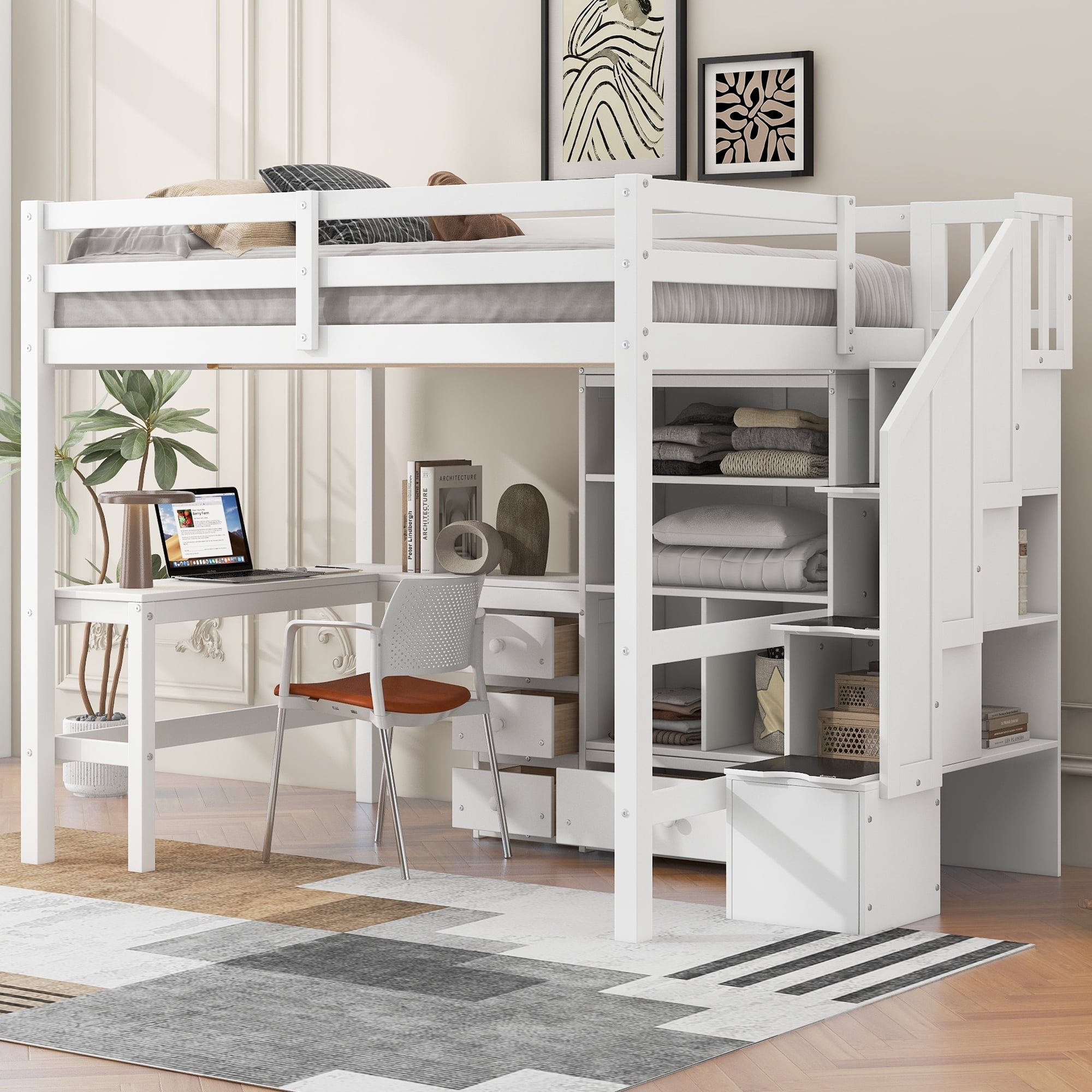 Full Size Maximized Space Loft Bed with L-Shaped Desk and Drawers ...