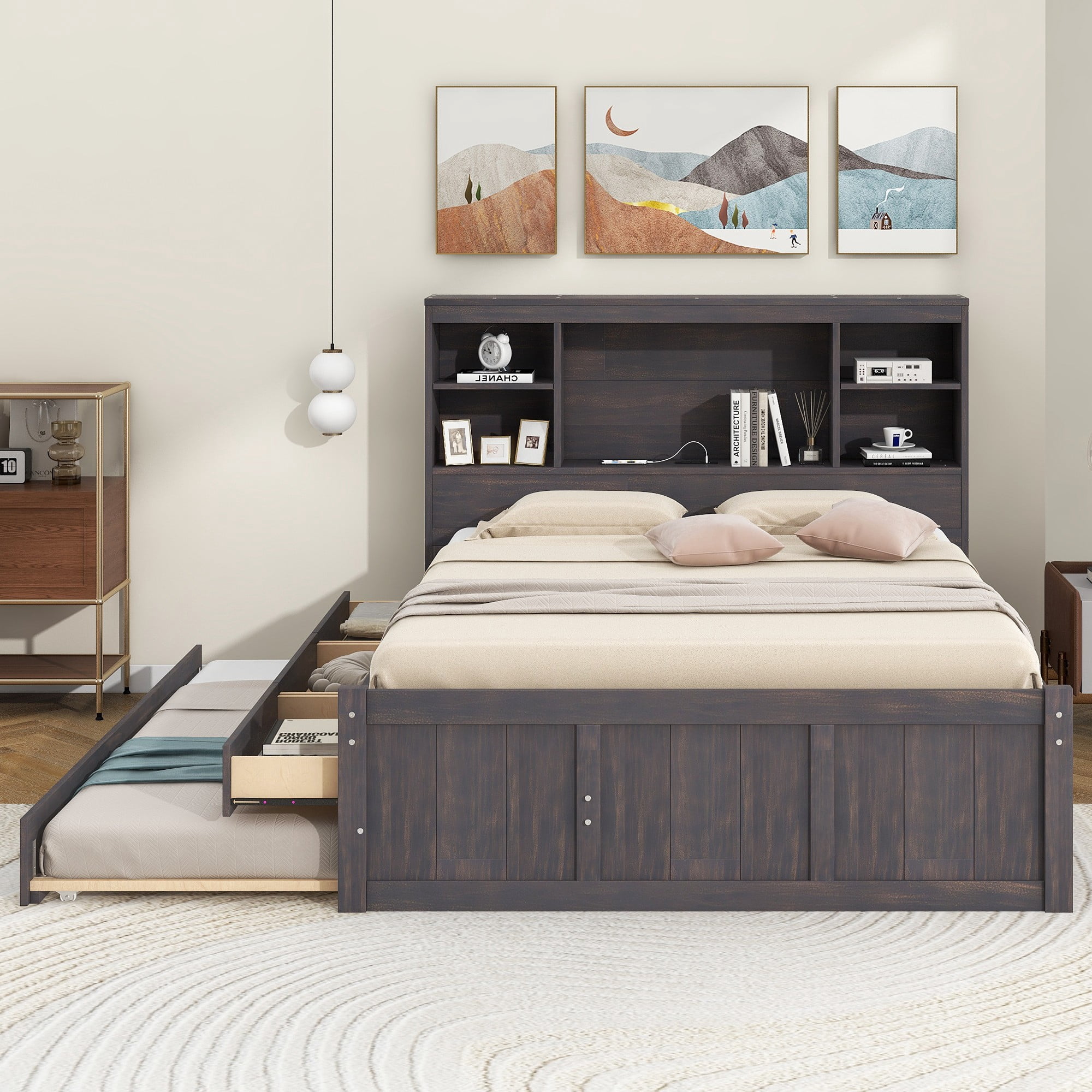 Full Size Maximized Space Platform Bed with Storage Headboard, Charging ...