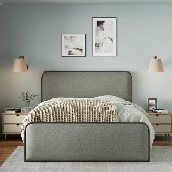 Full Size Metal Bed Frame with Curved Upholstered Headboard and ...
