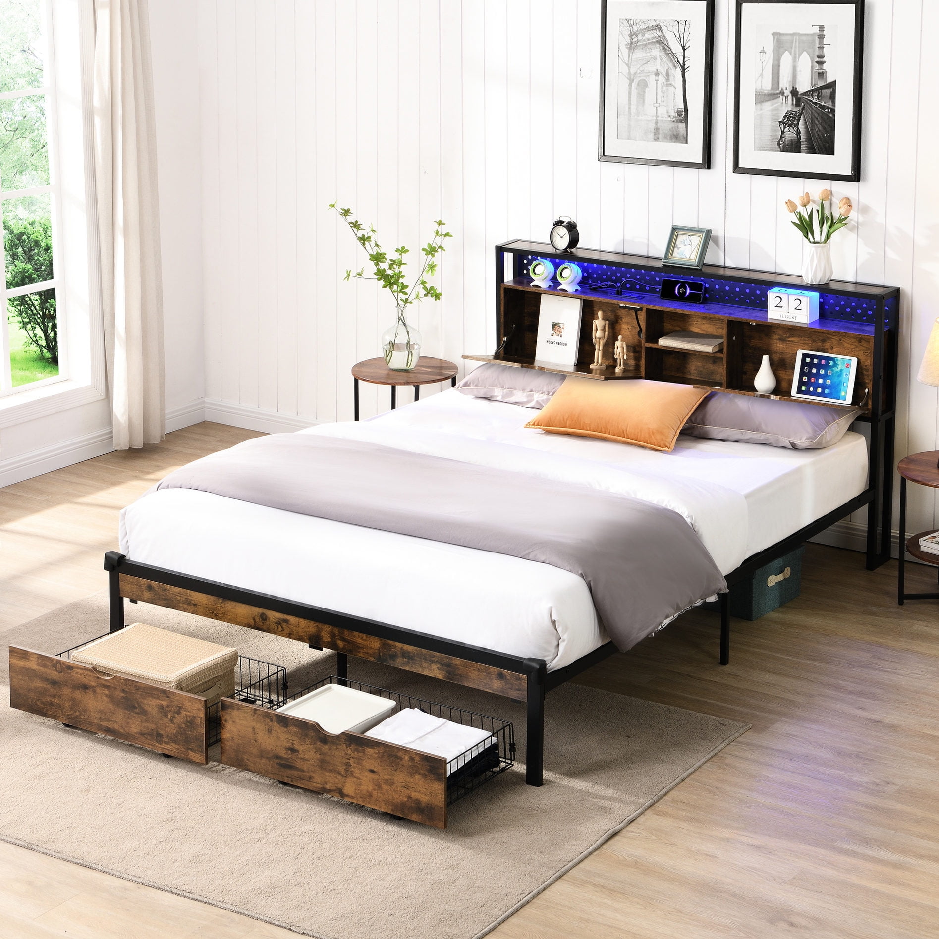 Full Size Metal Bed Frame | LED Lighting, USB Charging, Storage ...