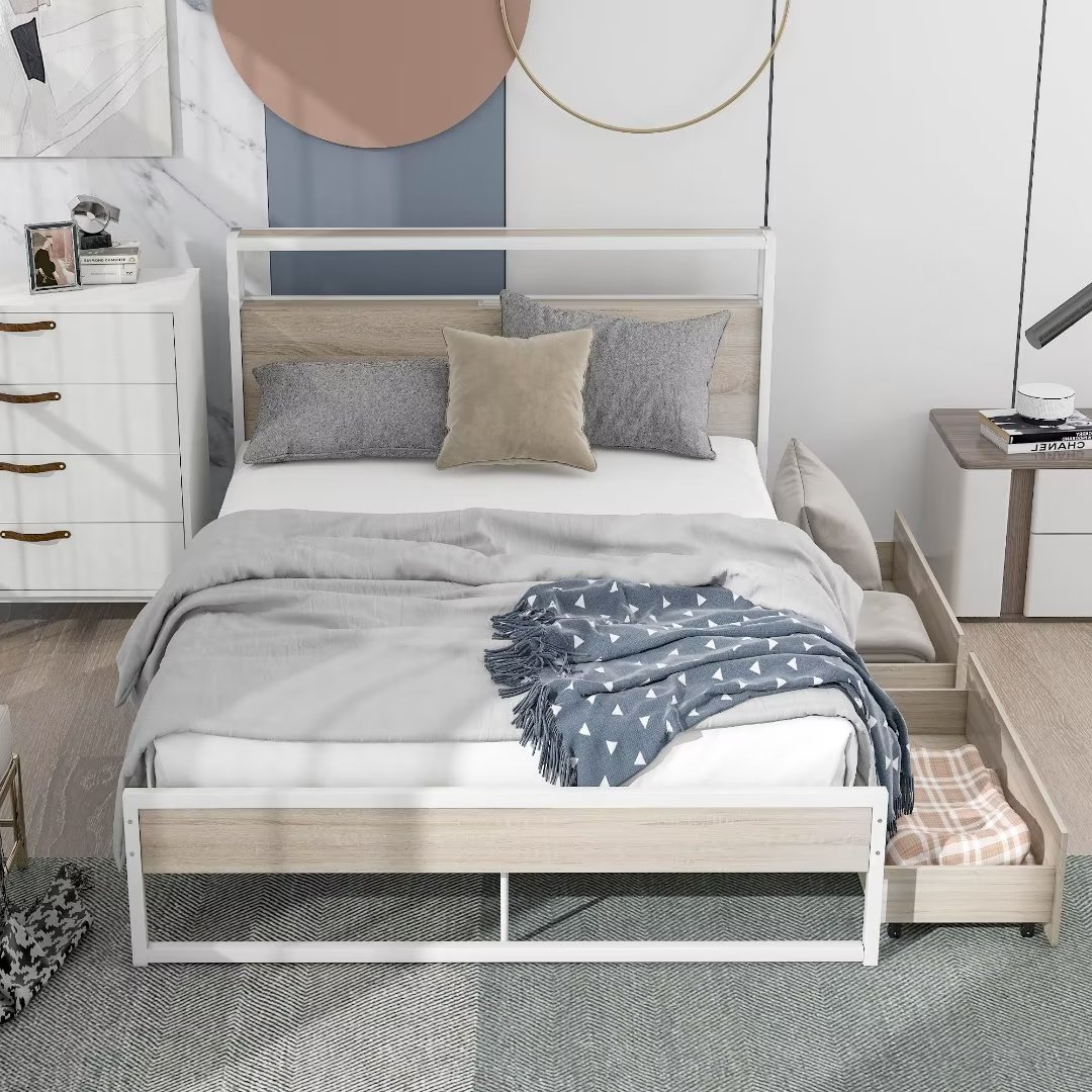 Full Size Metal Bed Frame, Metal Platform Bed with 2 Storage Drawer ...