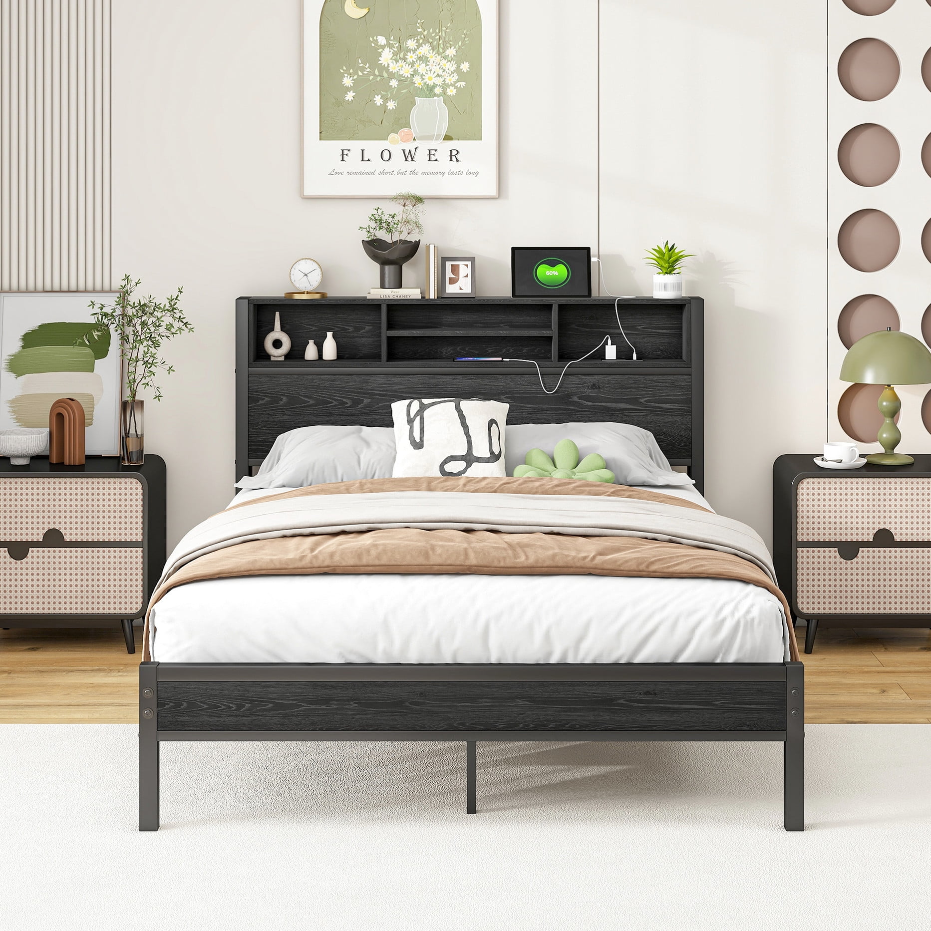 Full Size Metal Bed Frame With Storage Headboard And Charging Socket ...