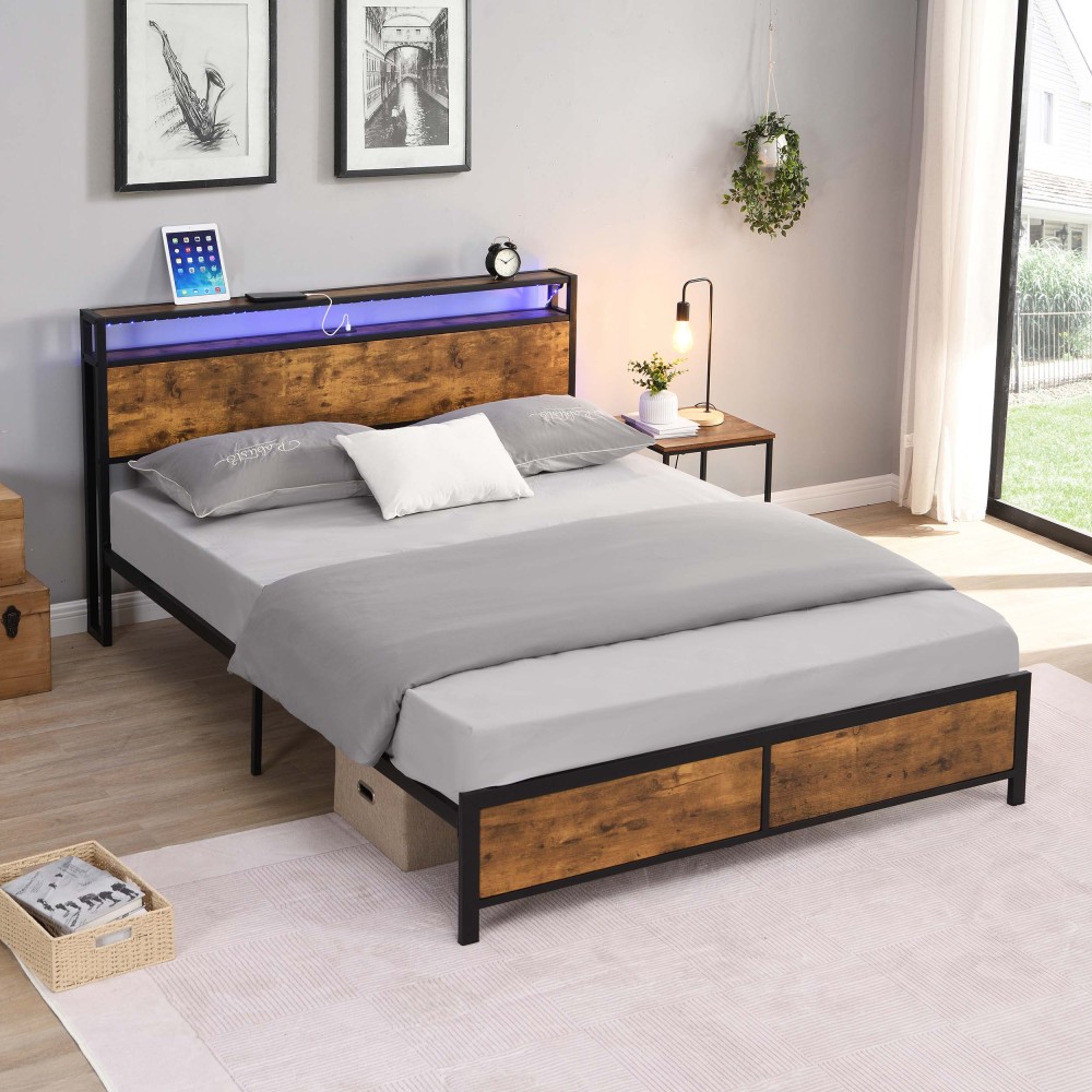 Full Size Metal Bed Frame with LED Lights Headboard and Footboard ...