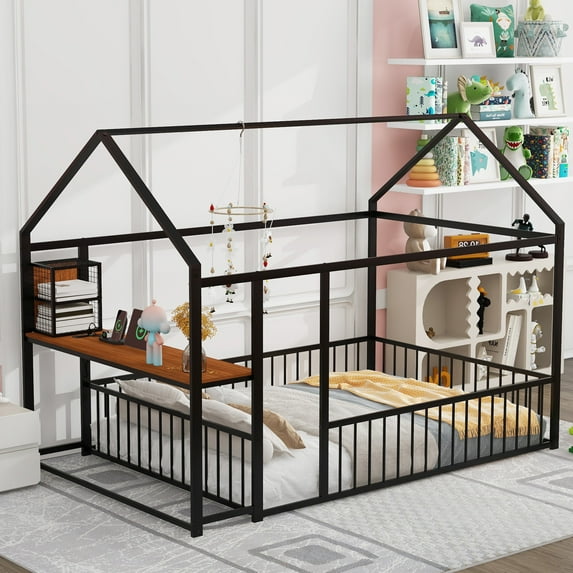 Full Size Metal Bed House Bed Frame with Desk, Shelves, Power Outlets ...