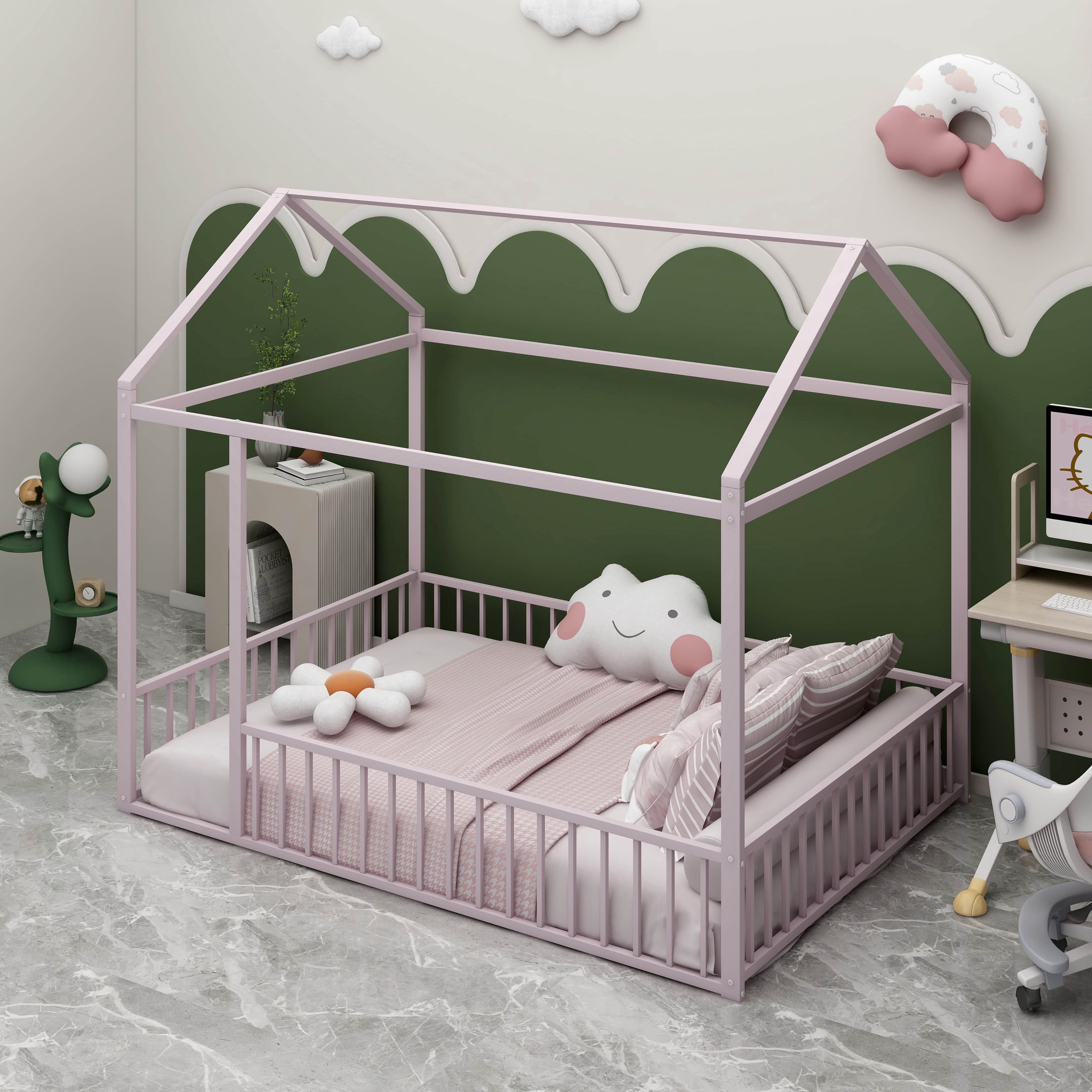 Full Size Metal Bed House Bed Frame with Fence - Walmart.com