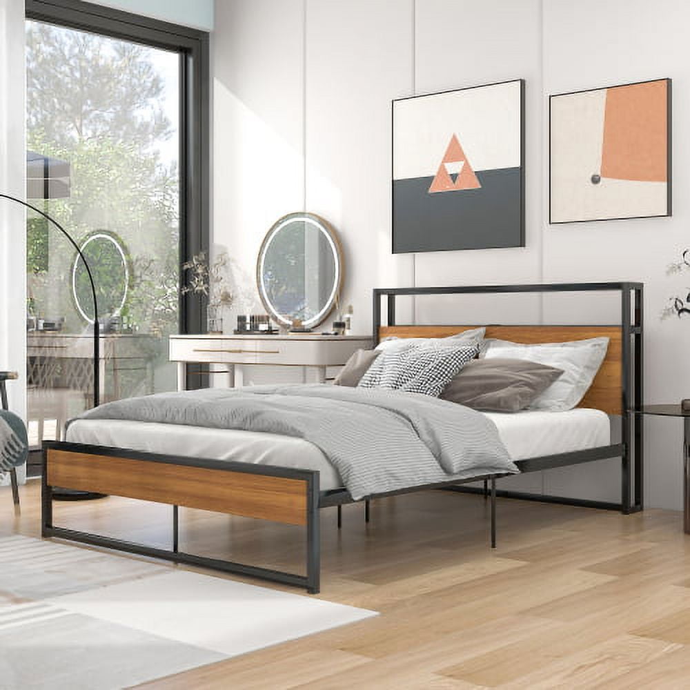 Full Size Metal Bed with Sockets and USB Ports, Heavy Duty Platform Bed ...