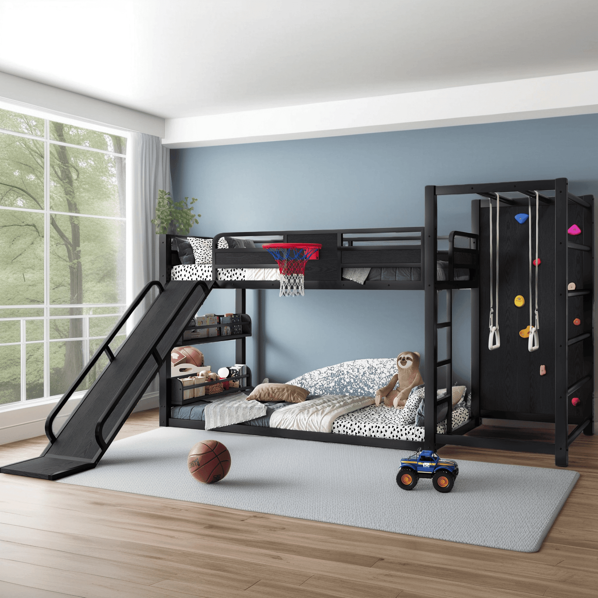Full Size Metal Bunk Bed with Slide, Basketball Hoop, Climbing Wall ...
