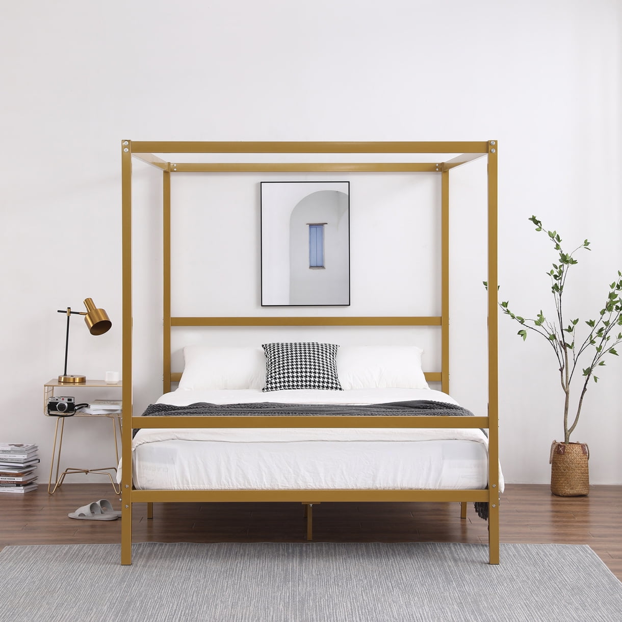 Full Size Metal Canopy Bed, Square Tube Four-Poster Canopied Bed with ...