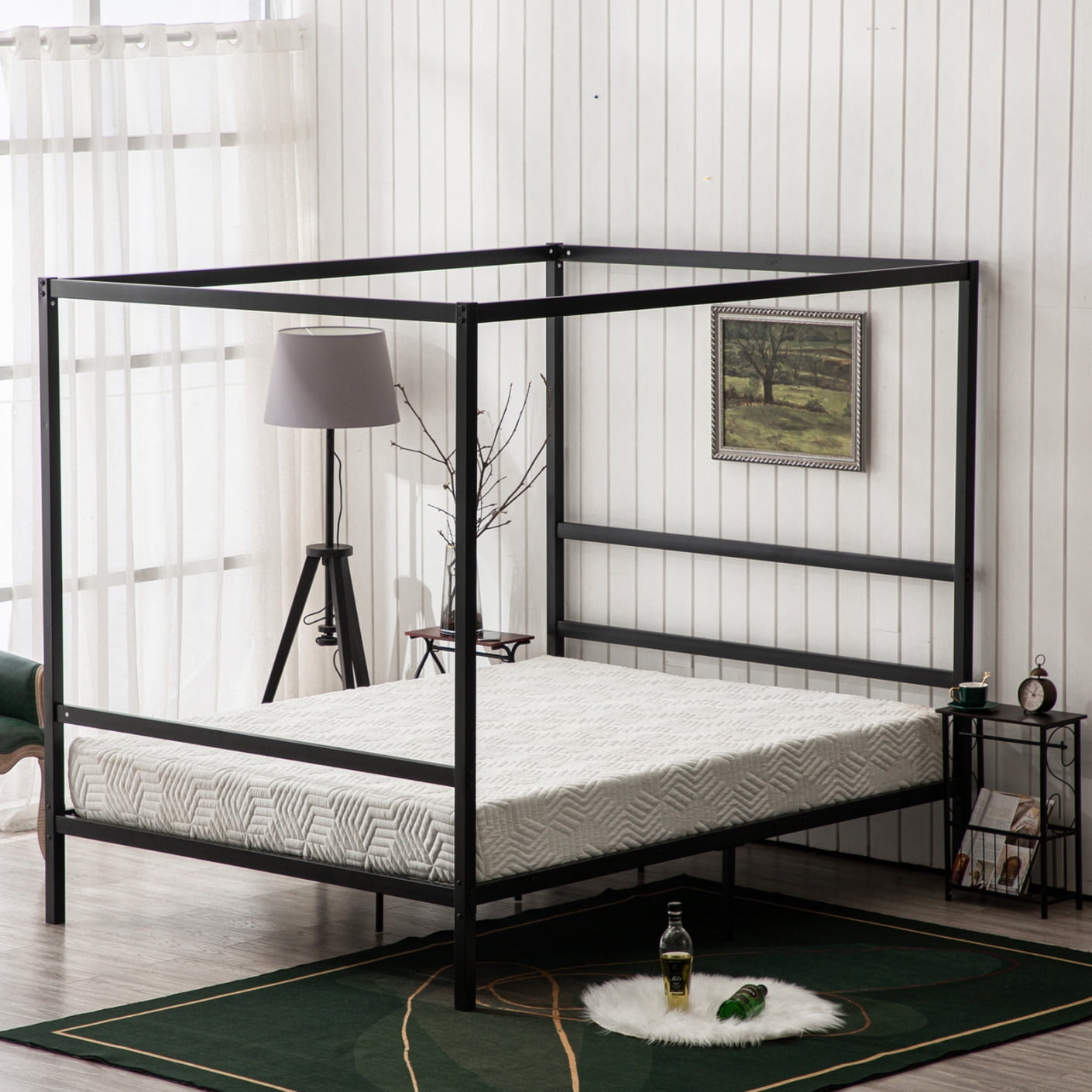 Full Size Metal Canopy Bed, Square Tube Four-Poster Canopied Bed with ...