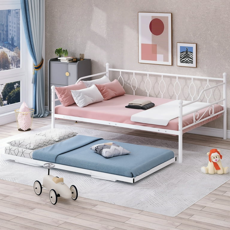 Full Size Metal Daybed with Trundle Included LegaHome Extendable Daybed Frame with Pop Up Trundle Bed No Box Spring Needed Space Saving Daybed for Kids Teens Adults Portable Folding Trundle White