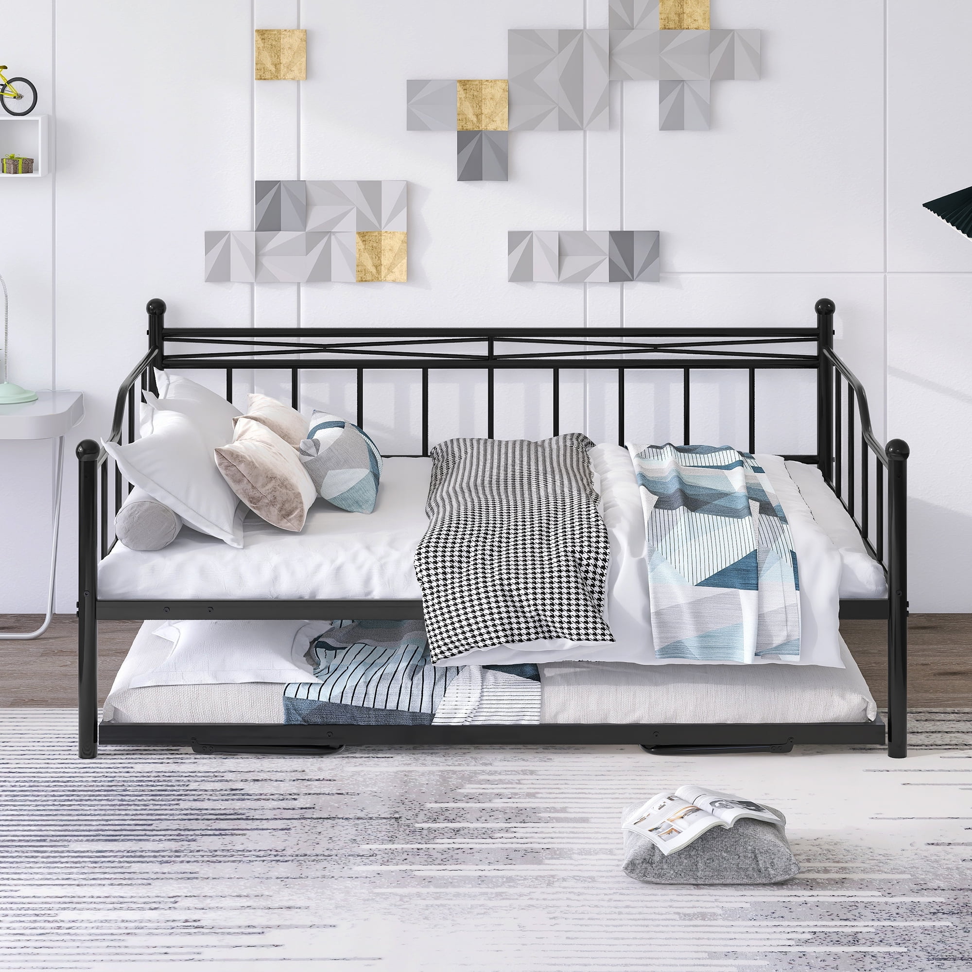 Furnieka Folding Trundle Steel Daybed with Pop Up Trundle Bed for ...