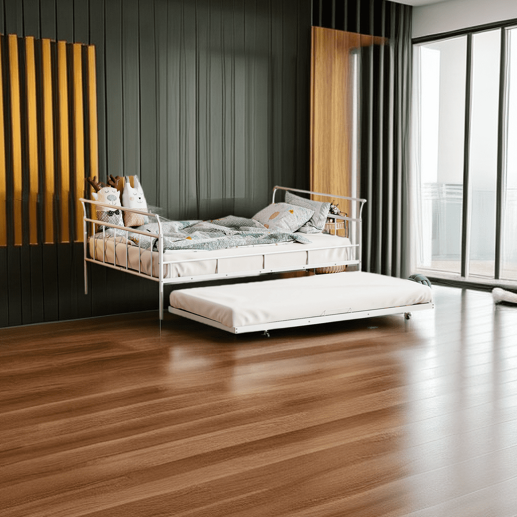 Full Size Metal Daybed with Curved Handle Design and Twin Size Trundle ...