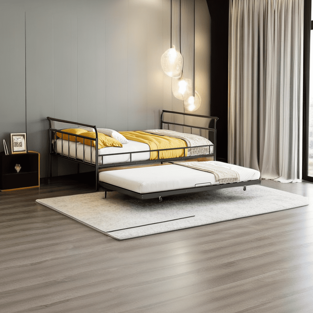 Full Size Metal Daybed with Curved Handle Design and Twin Size Trundle ...